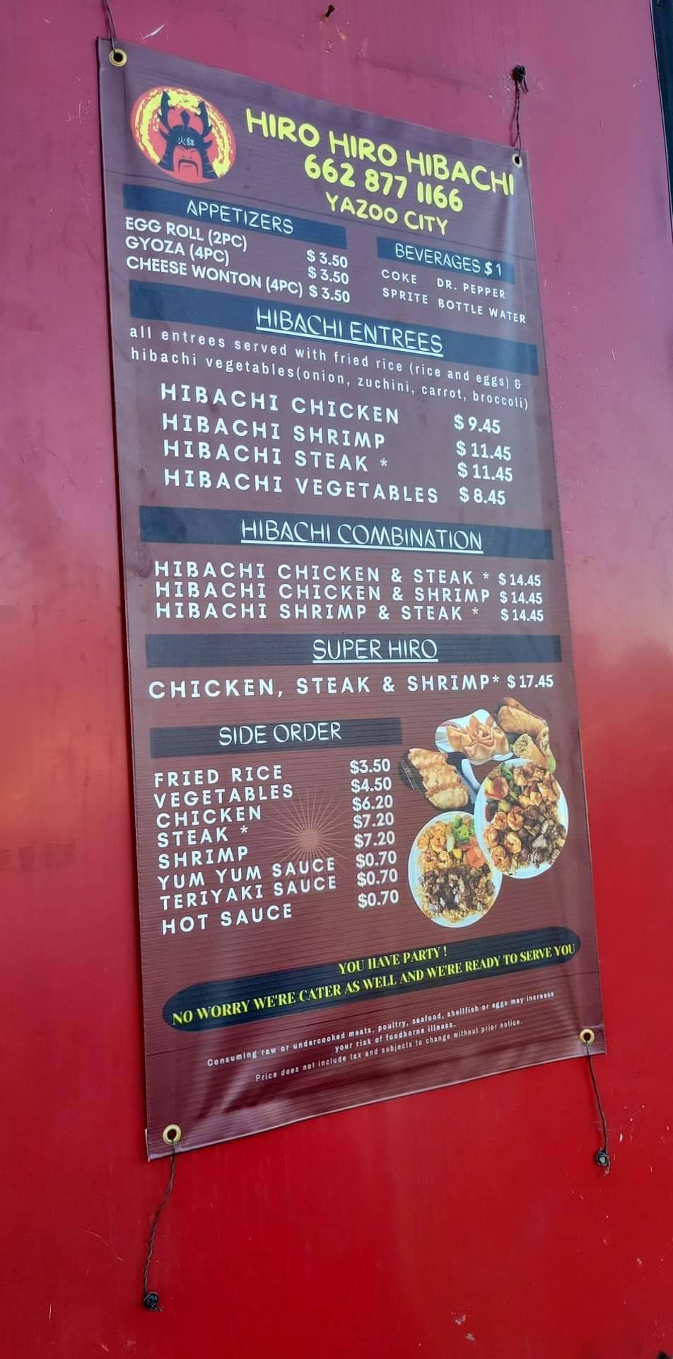 Carta del restaurante Hiro hiro hibachi, Yazoo City