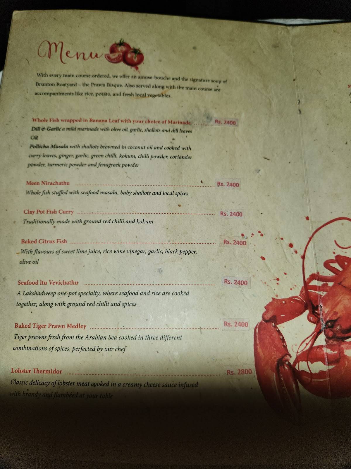 Menu at History & Terrace Grill Restaurant, Brunton Boatyard, Kochi