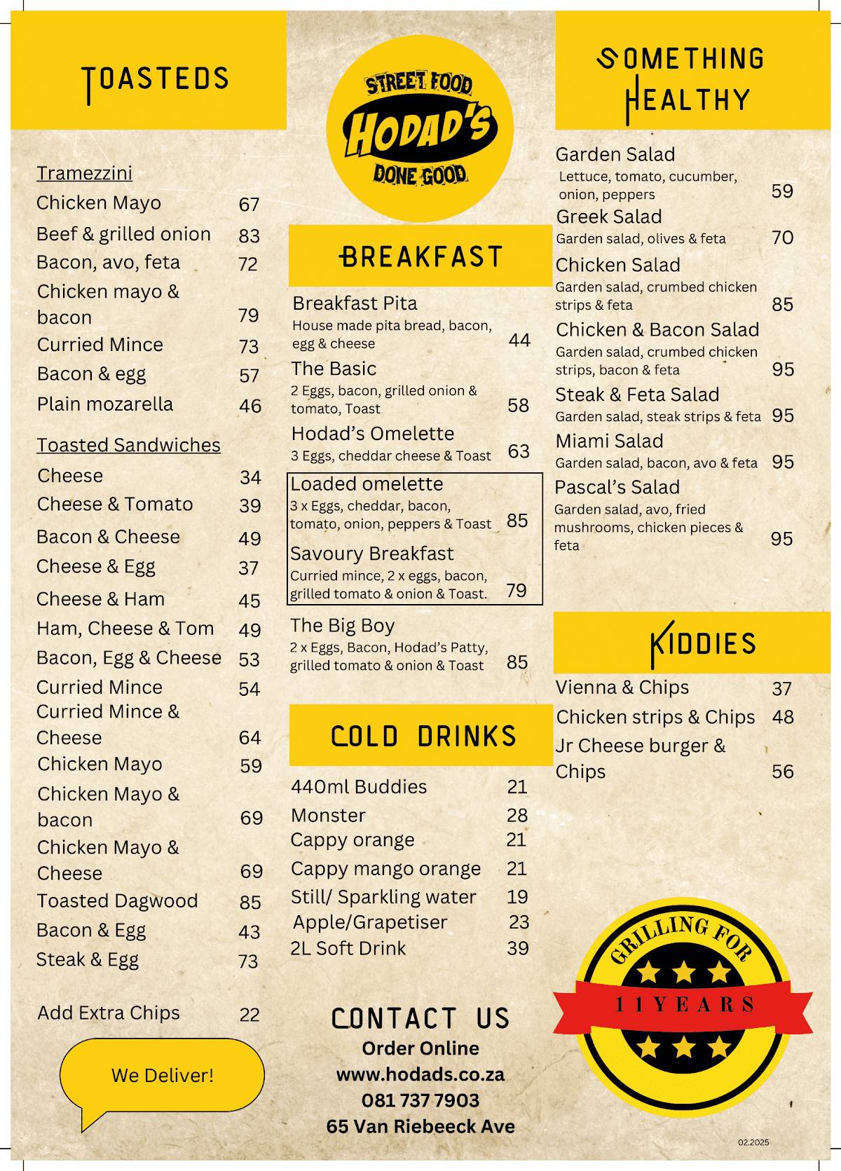 Menu at Hodad's restaurant, Johannesburg