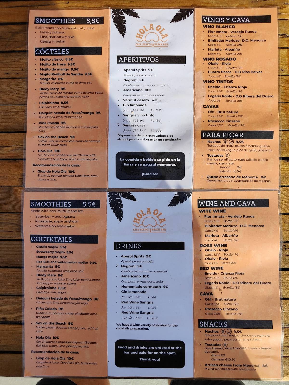 Menu at Hola Ola Beach Bar, Cala Blanca