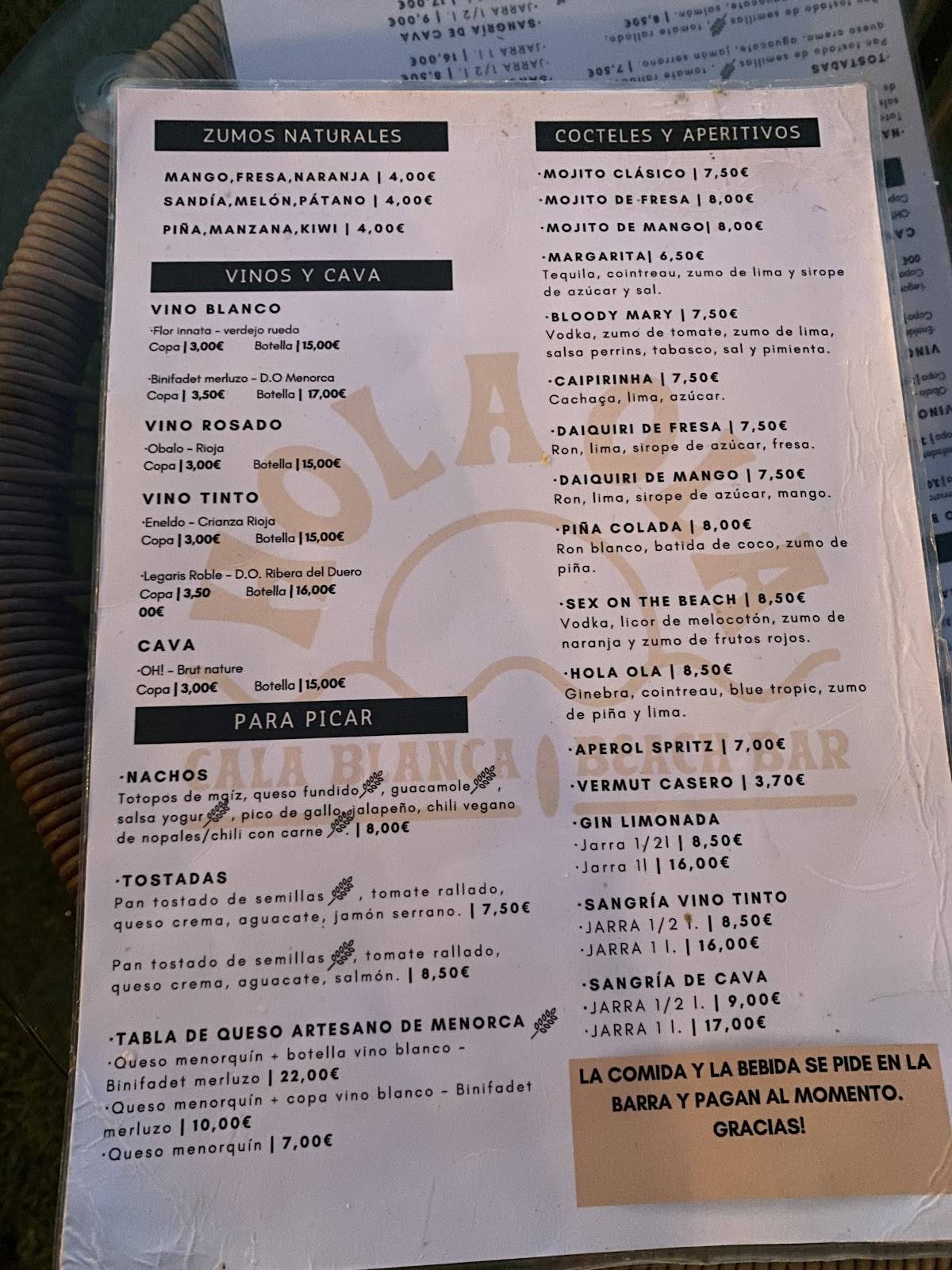 Carta de Hola Ola Beach Bar, Cala Blanca