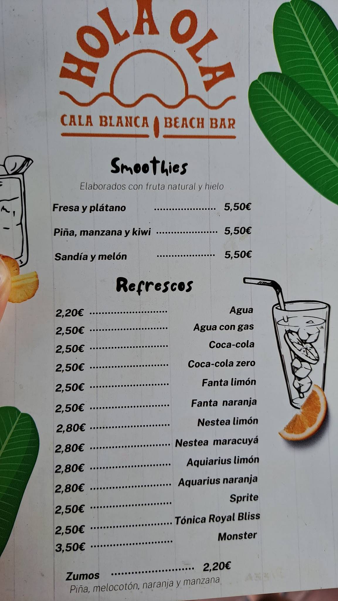 Carta de Hola Ola Beach Bar, Cala Blanca