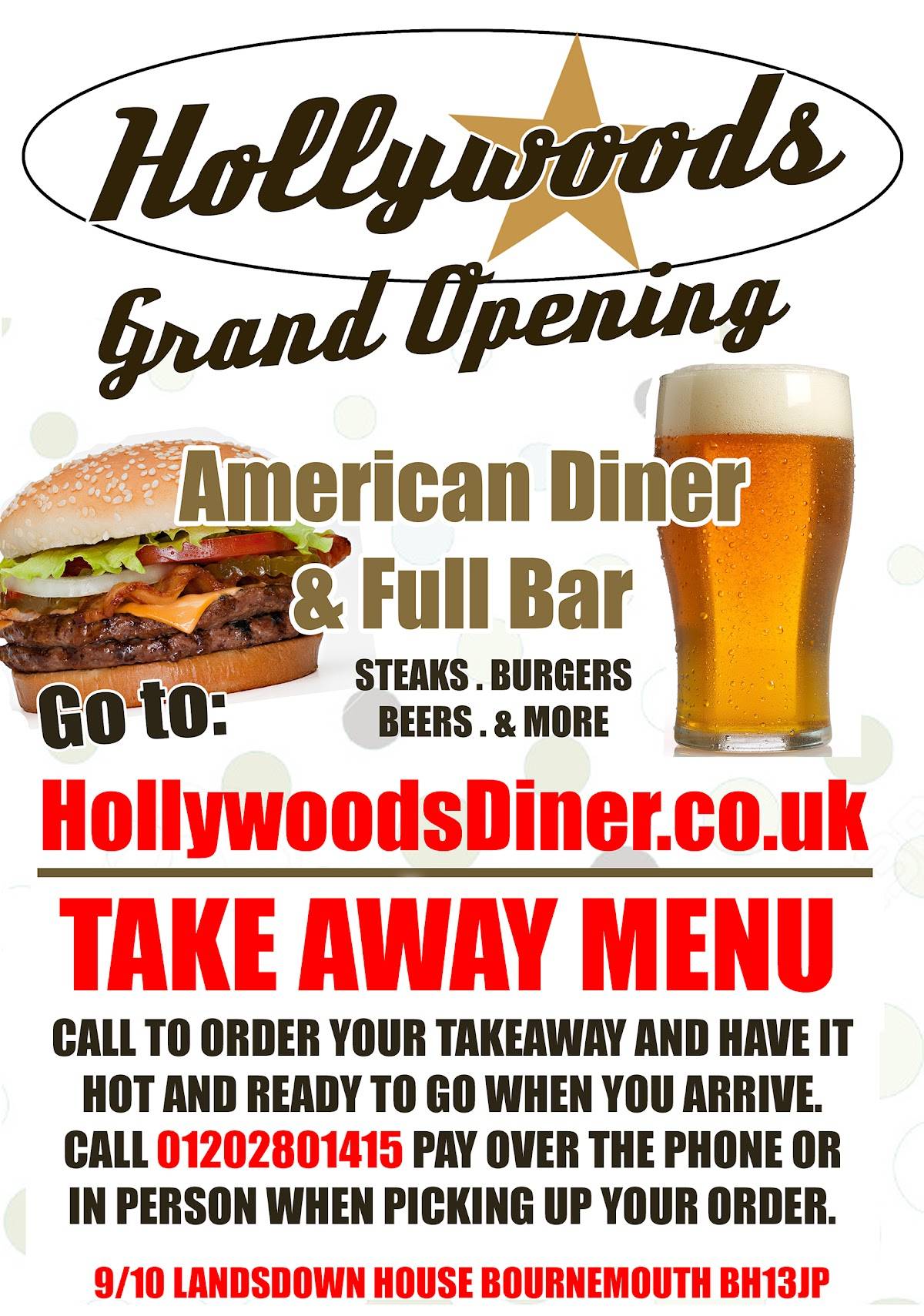 Menu at Hollywoods American Diner restaurant, Bournemouth