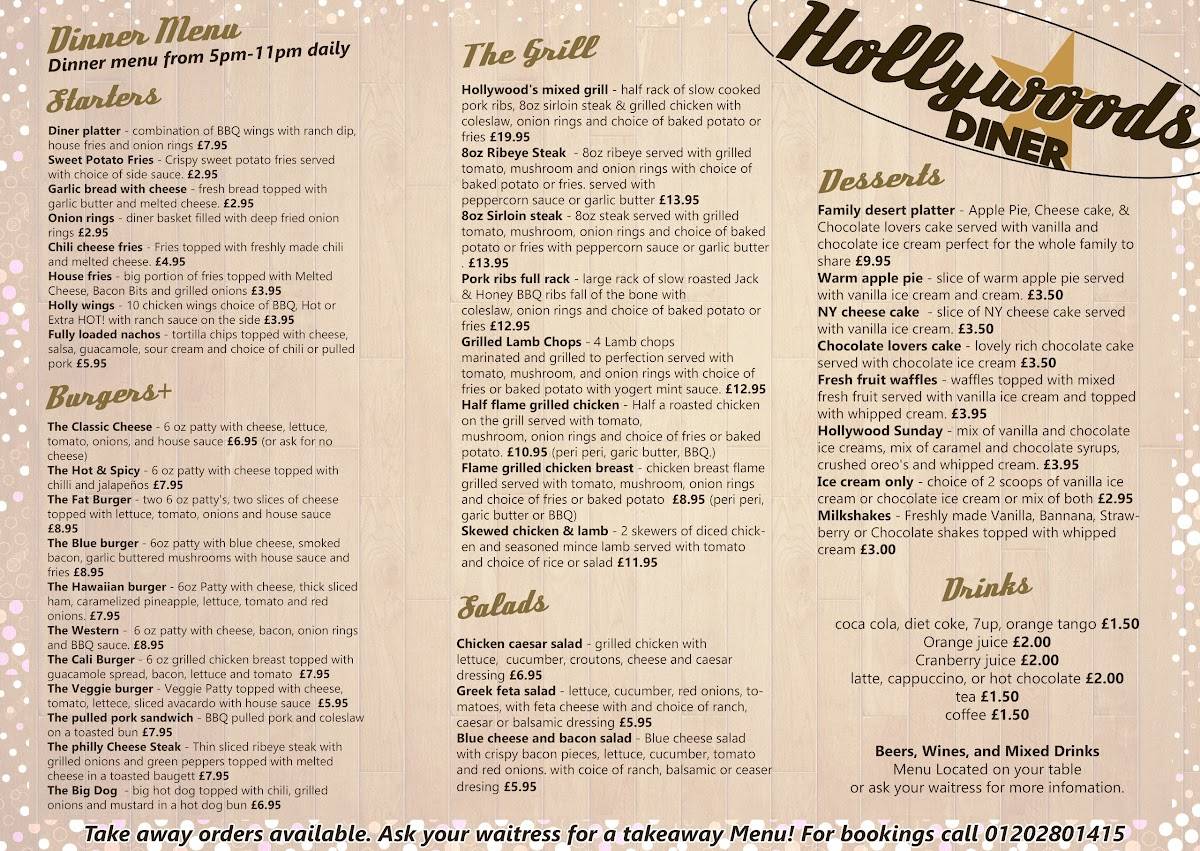 Menu at Hollywoods American Diner restaurant, Bournemouth