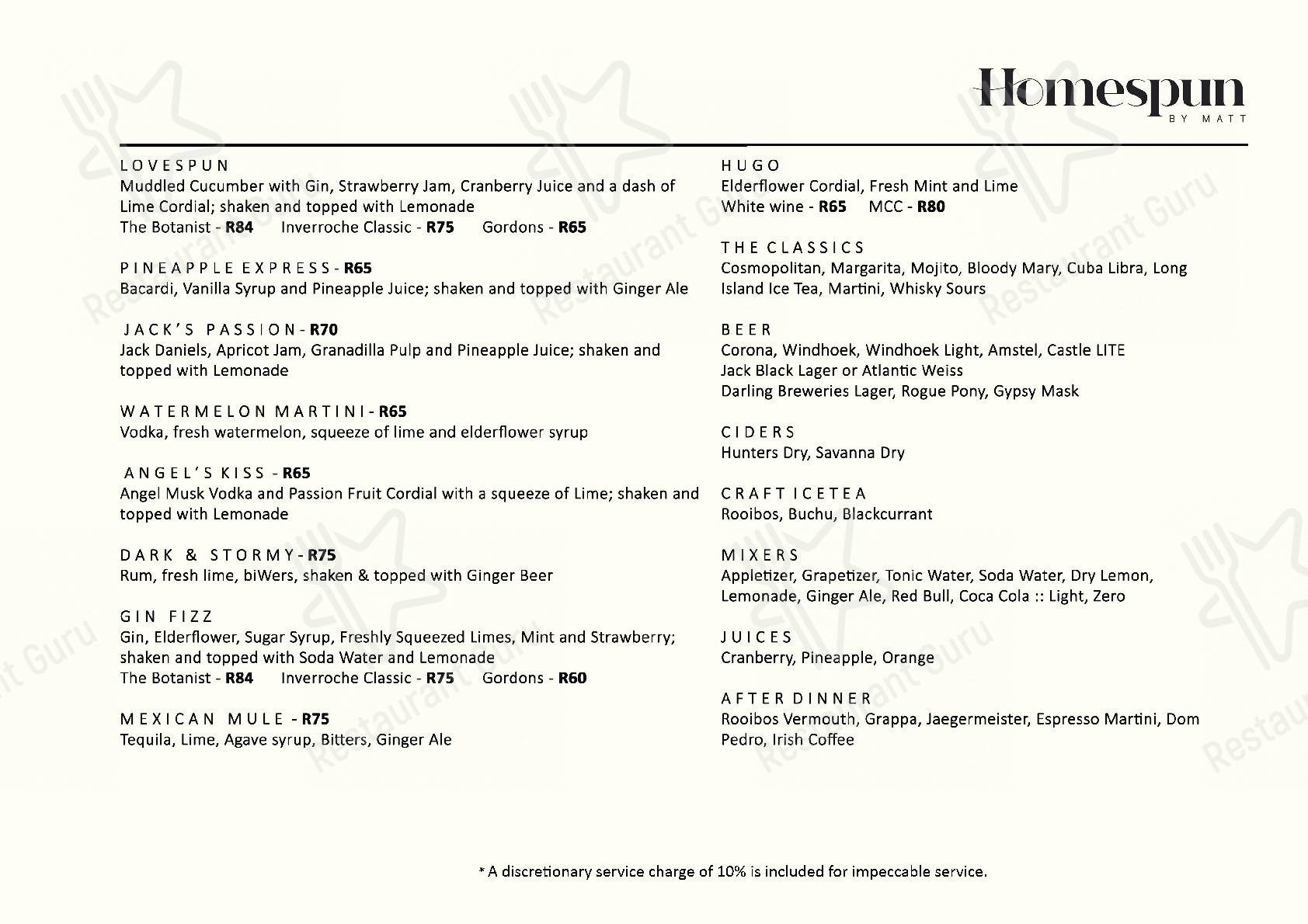Carta del restaurante Homespun Blouberg, Ciudad del Cabo, Porterfield Rd