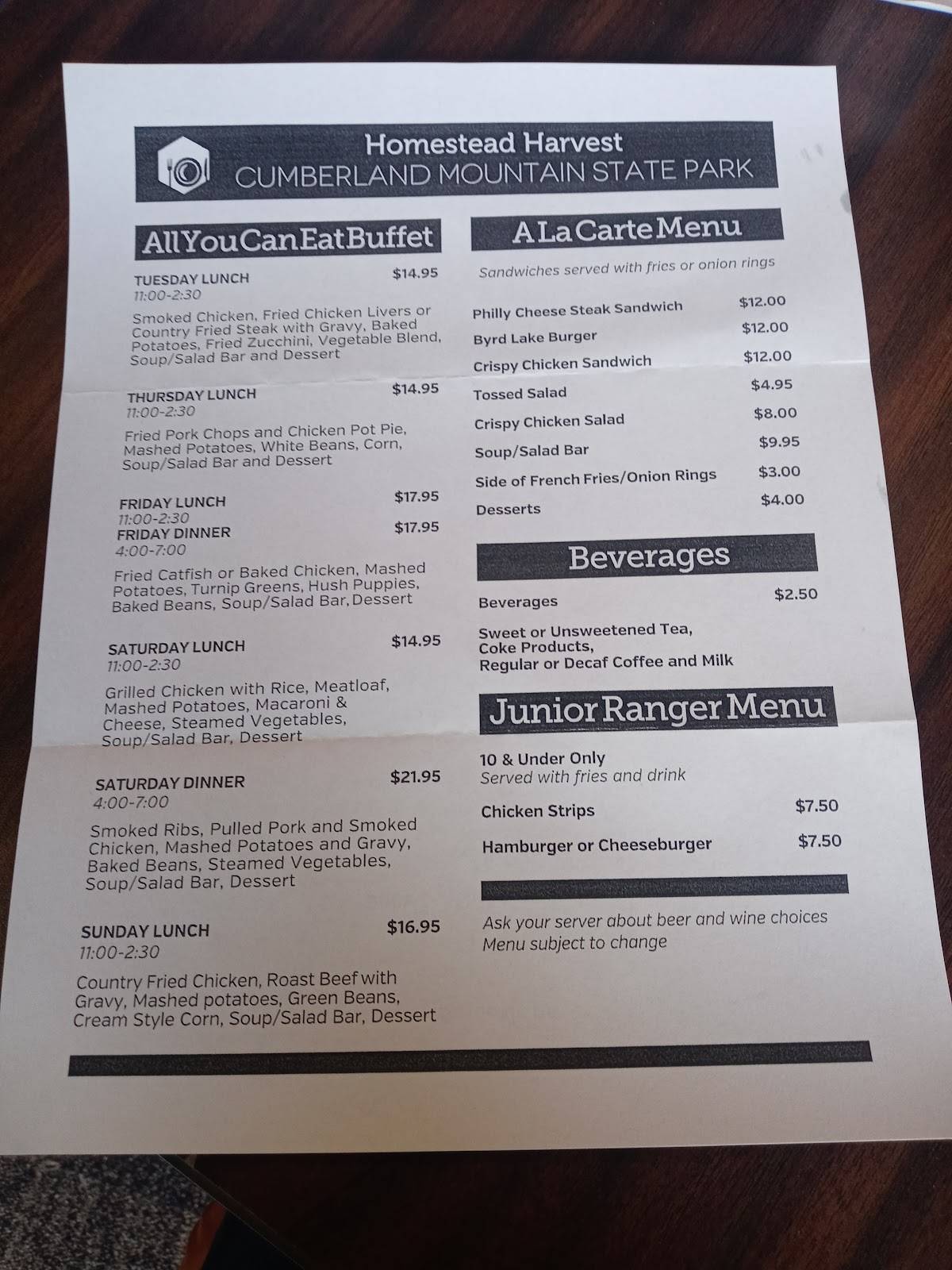 Menu at Homestead Harvest Restaurant, Crossville