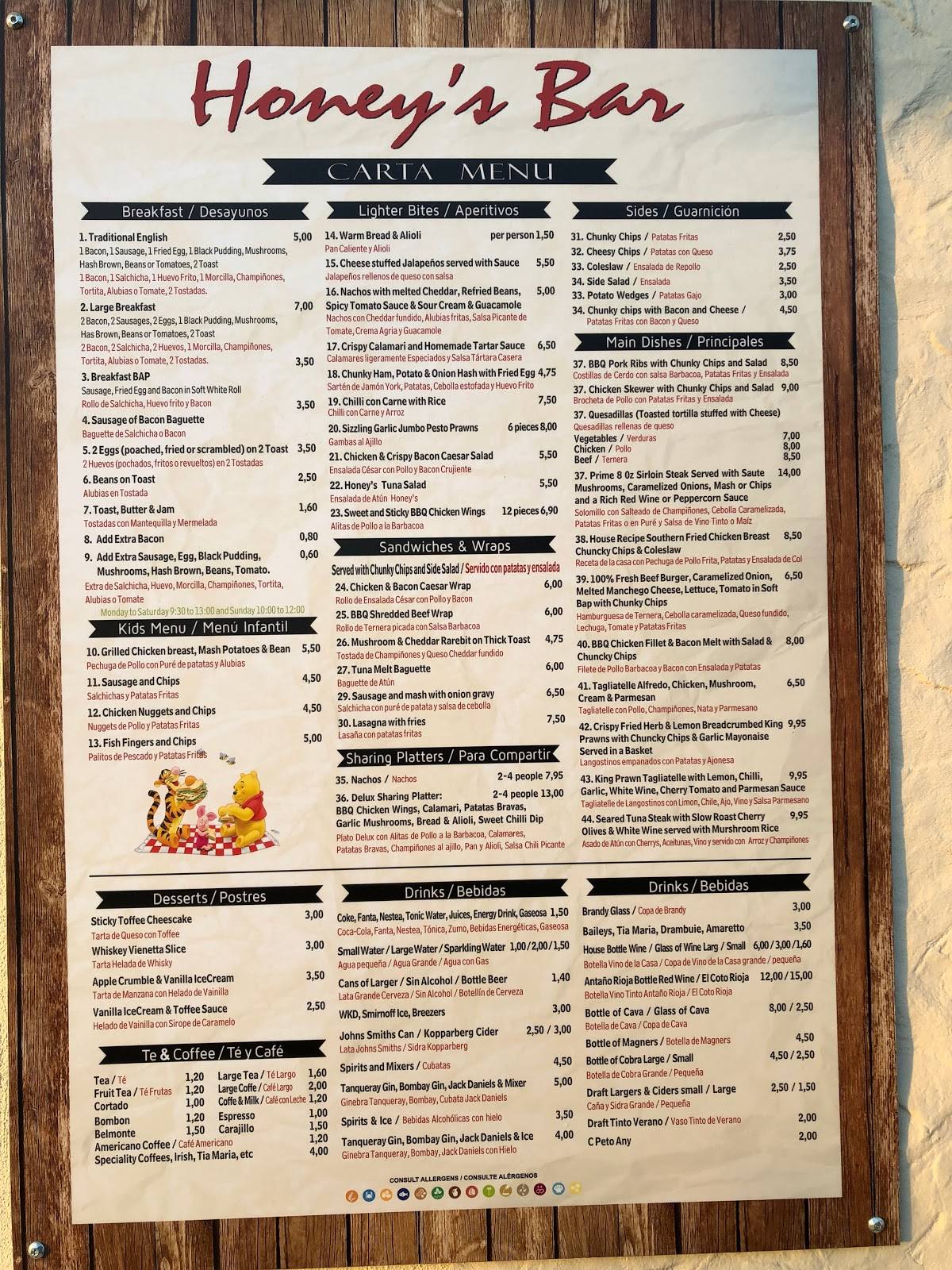 Menu at Honeys Bar, Roldán