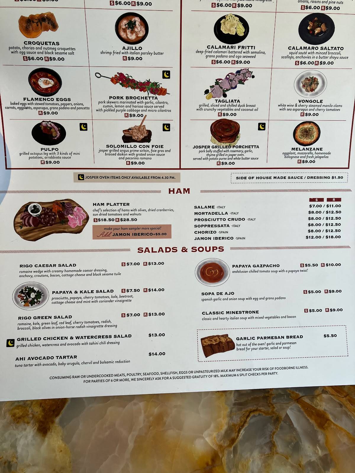 Menu at Rigo Spanish Italian restaurant, Honolulu