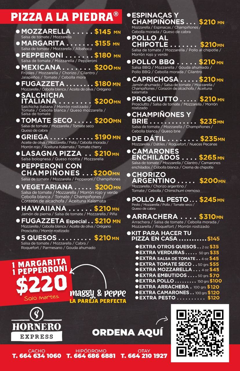 Carta de pizzería Hornero Express - Otay, Tijuana
