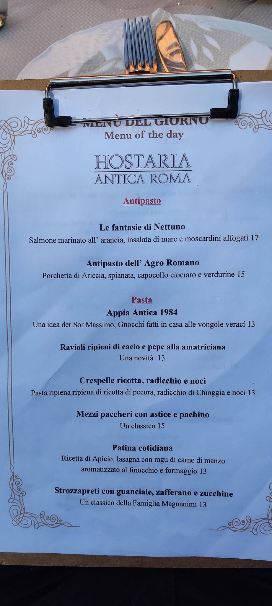 Menu at Hostaria Antica Roma restaurant, Rome, Via Appia Antica