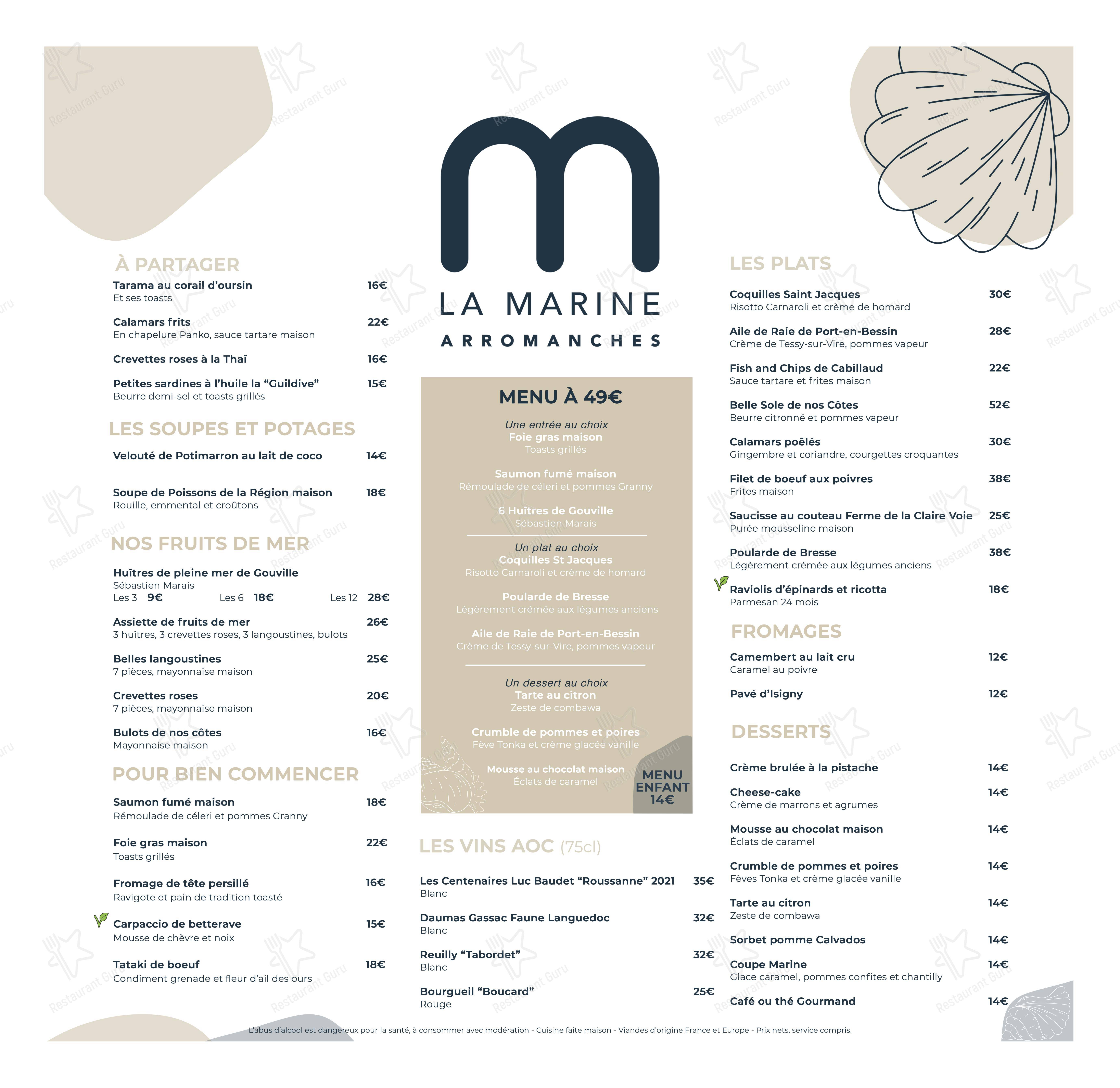 Menu at Hôtel De La Marine restaurant, Arromanches-les-Bains
