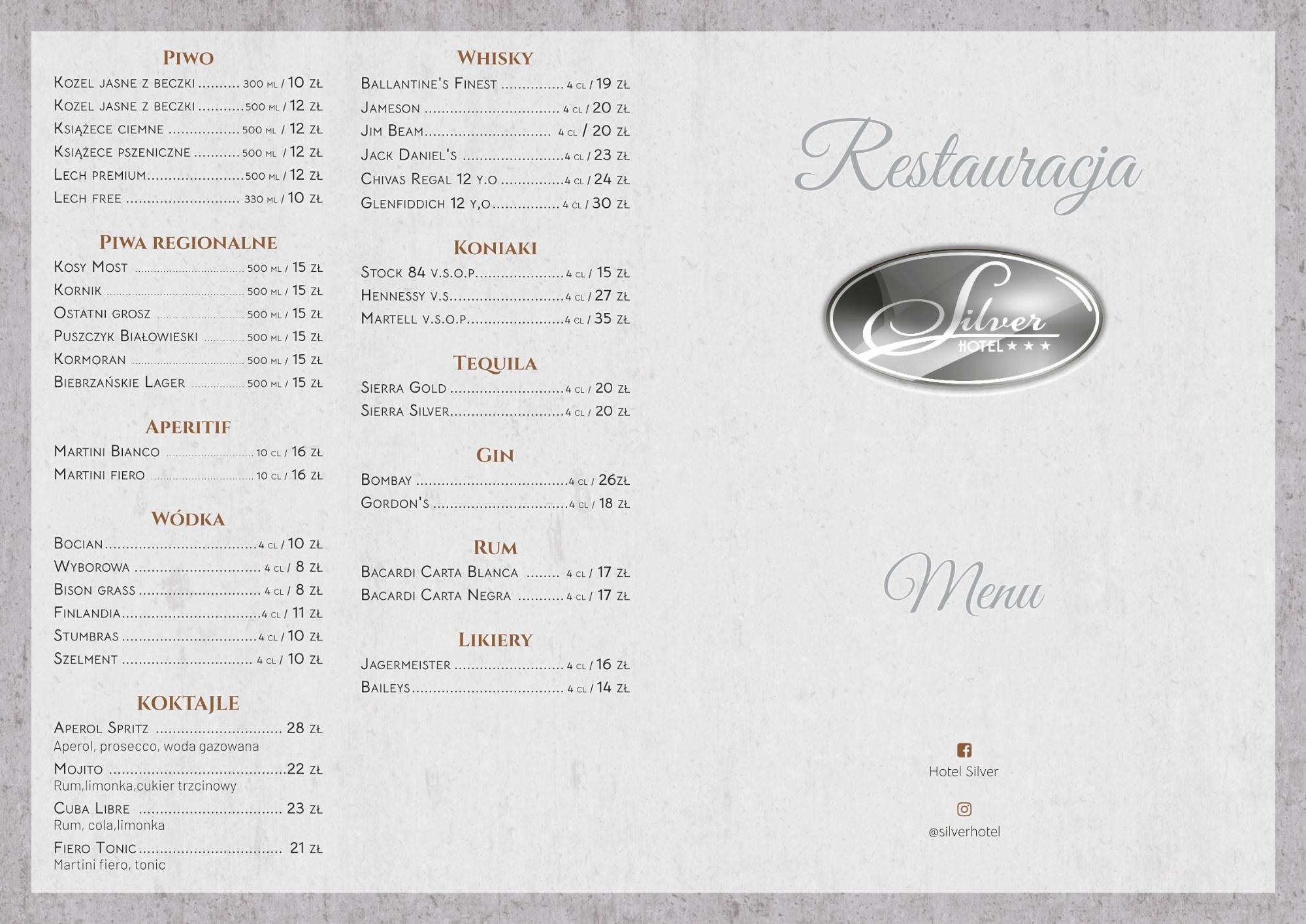 Menu at Hotel Silver restaurant, Bialystok