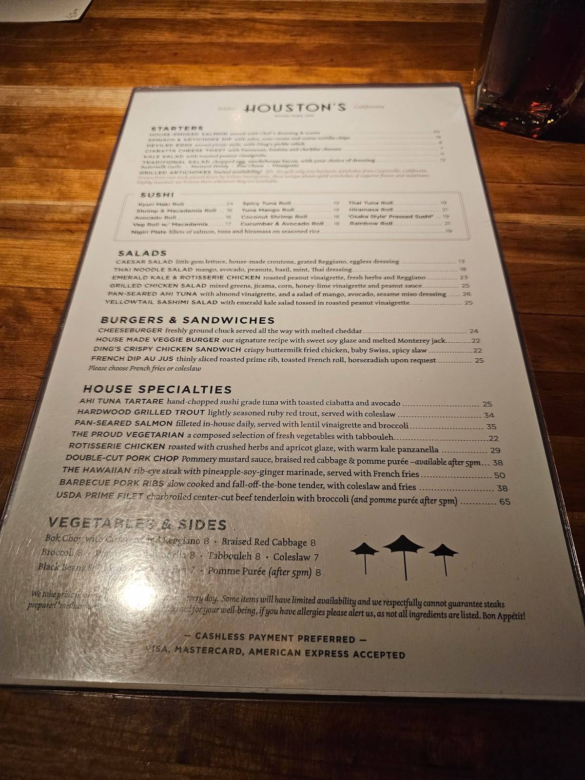 Menu at Houston's steakhouse, Irvine