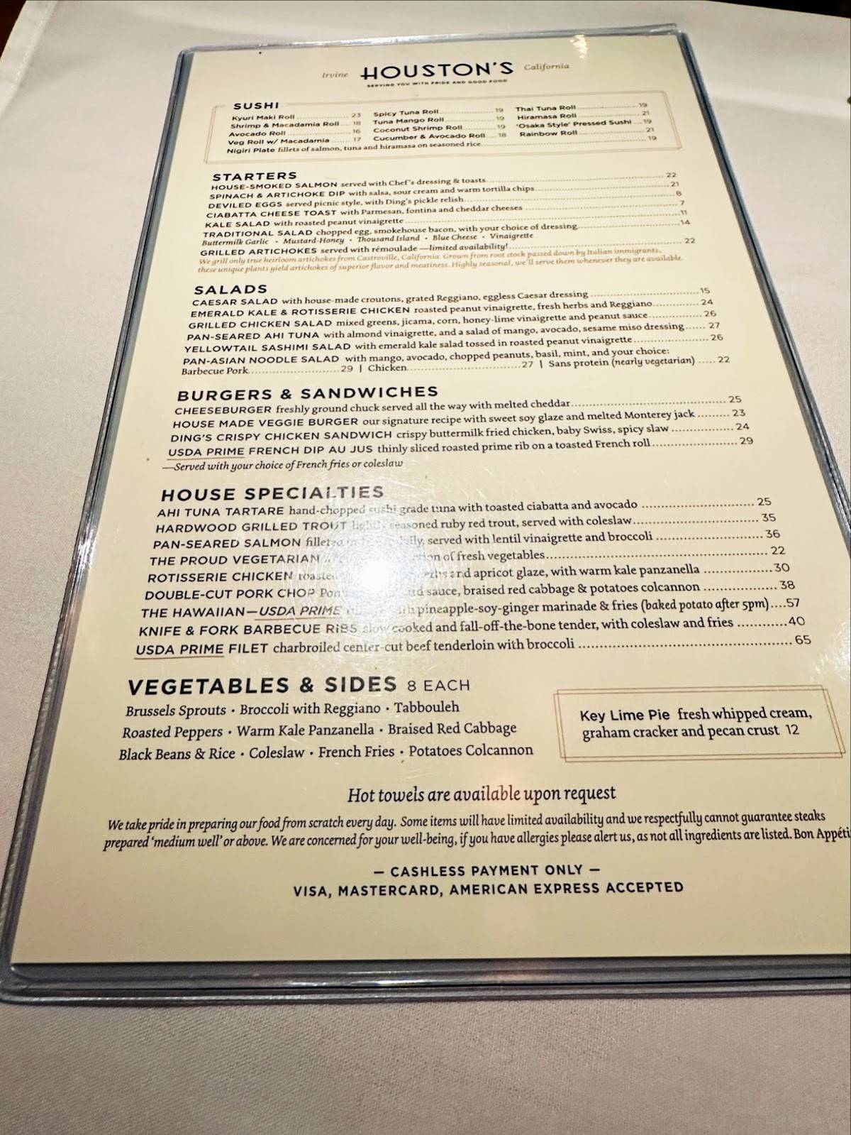 Menu at Houston's steakhouse, Irvine