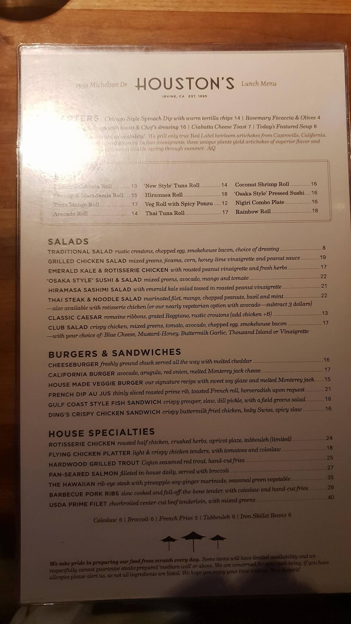 Menu at Houston's steakhouse, Irvine