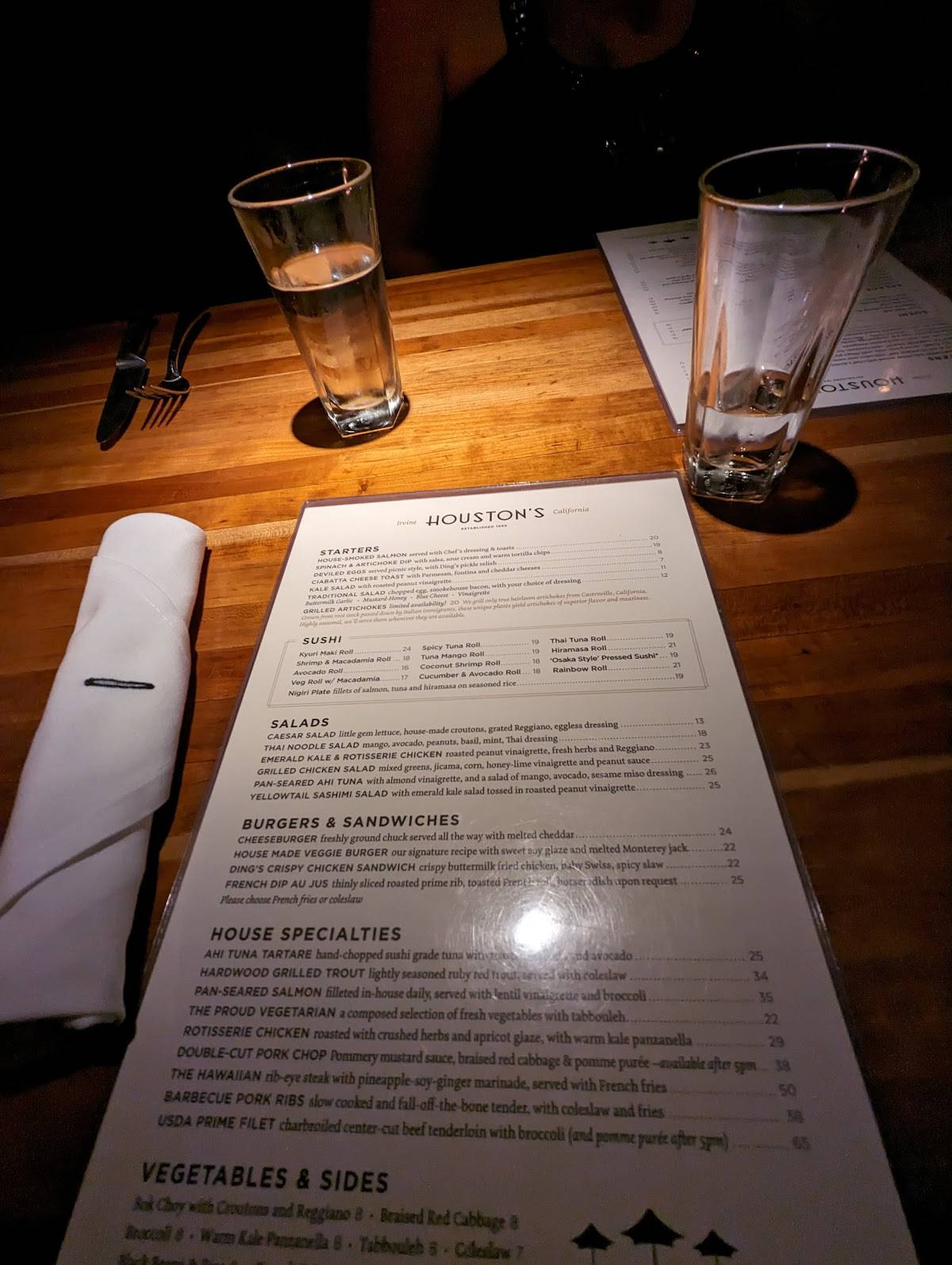 Menu at Houston's steakhouse, Irvine