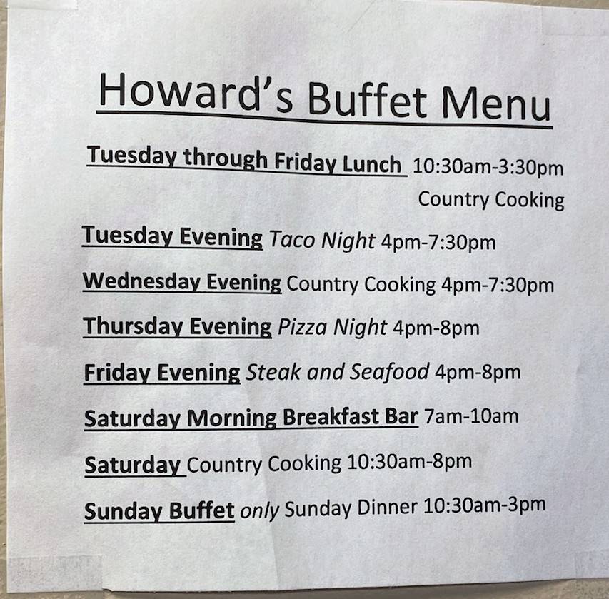 Menu at Howard's restaurant, Henagar, AL-75