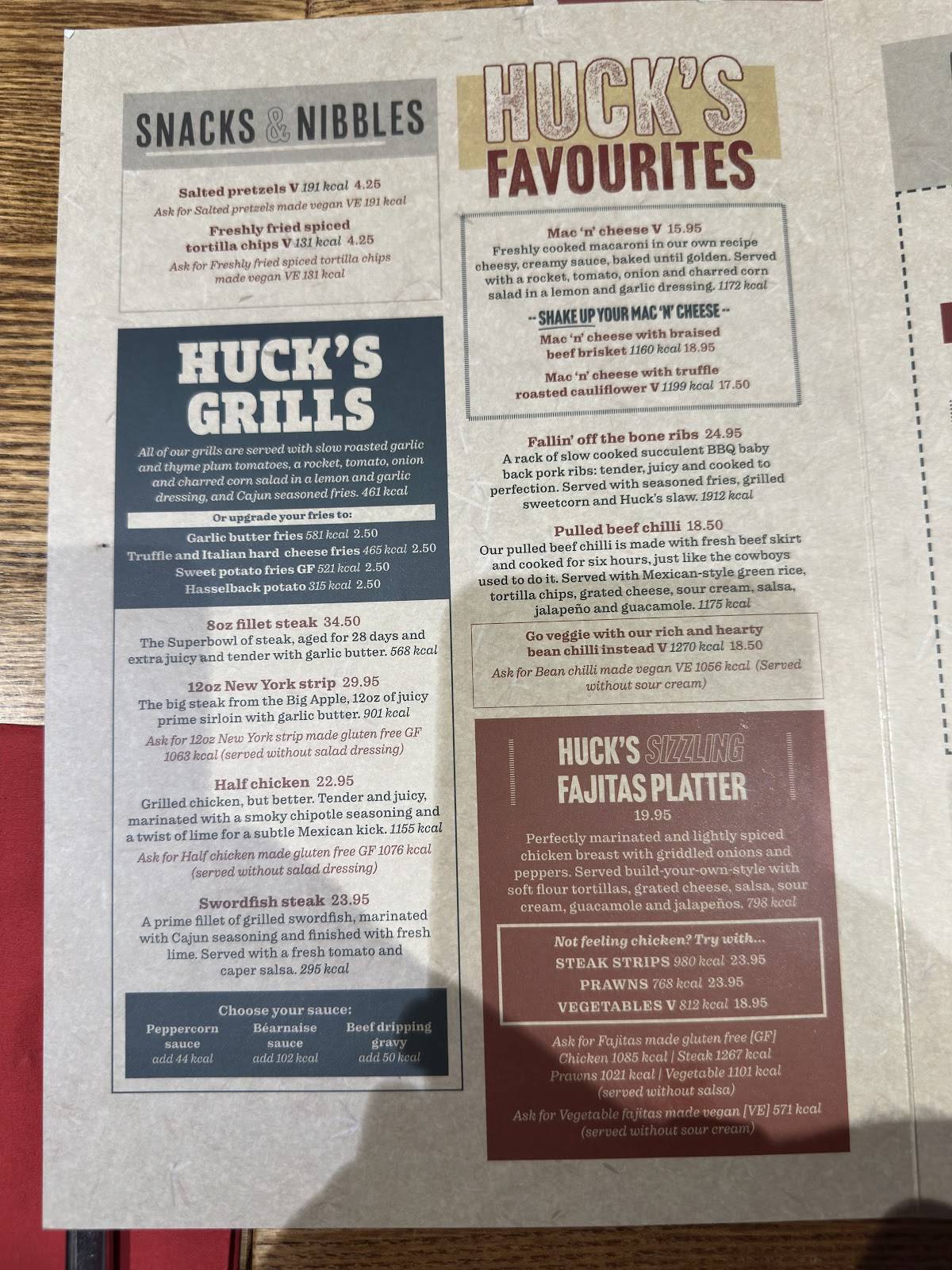 Menu at Huck's restaurant, Brandon