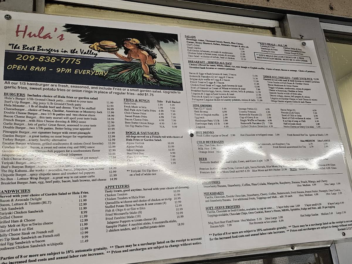 Menu at Hula's restaurant, Escalon, Jackson Ave #2050