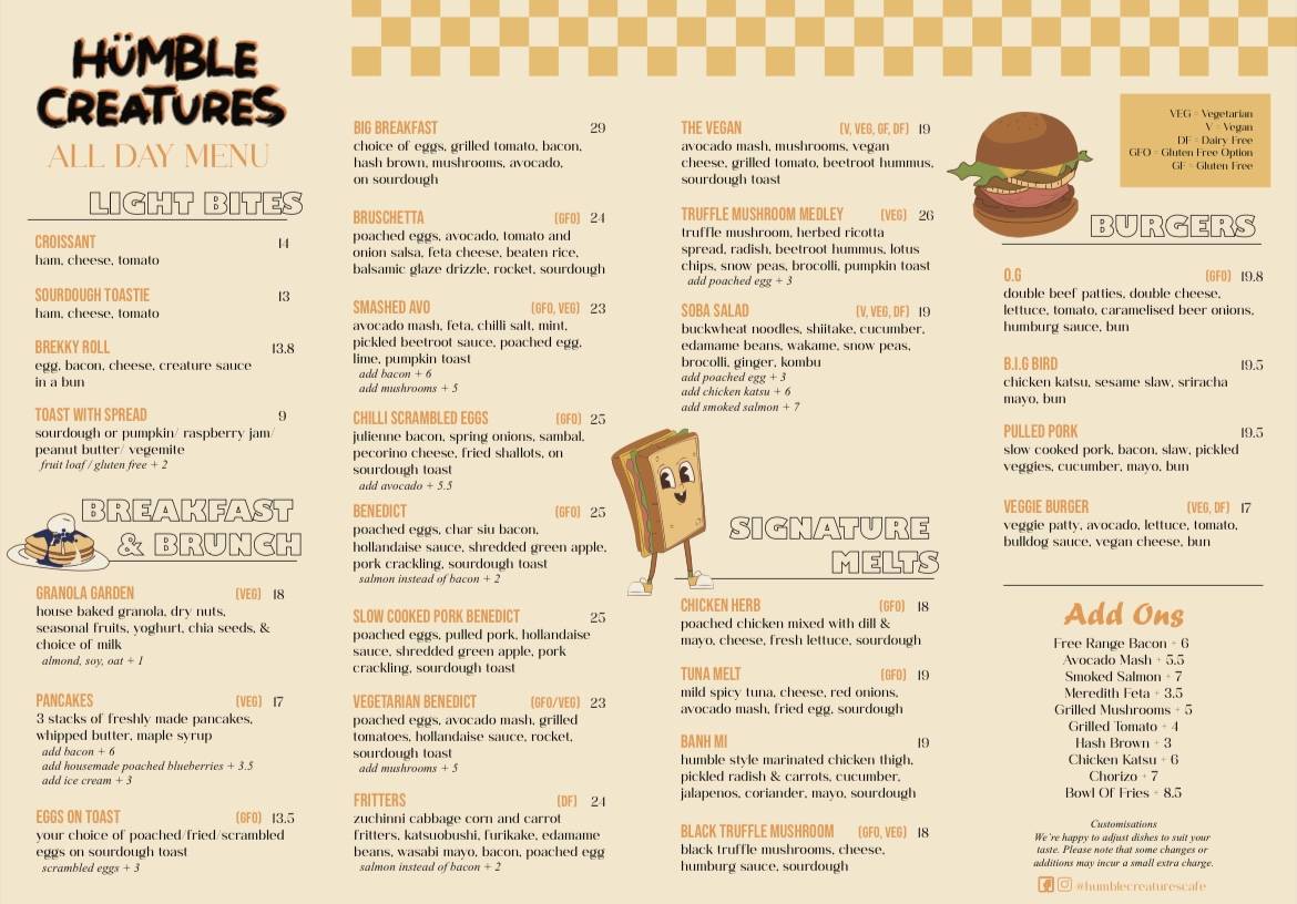 Menu at Humble Creatures cafe, Bentleigh East