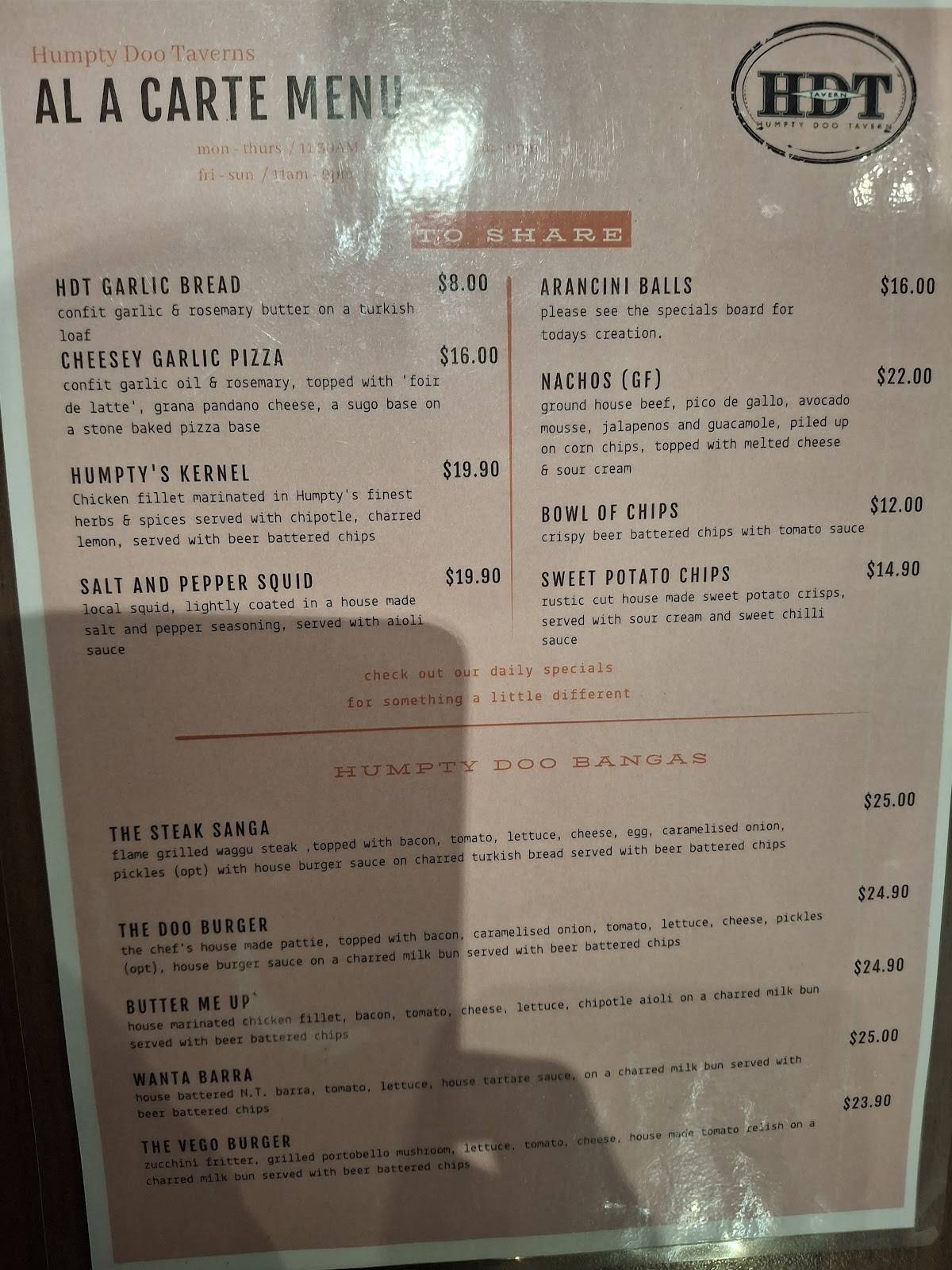 Menu at Humpty Doo Tavern restaurant, Humpty Doo, 2 Challoner Cct