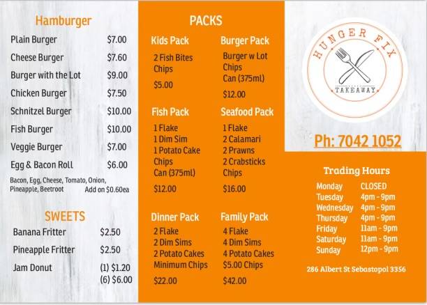 Menu at Hunger Fix Takeaway restaurant, Sebastopol