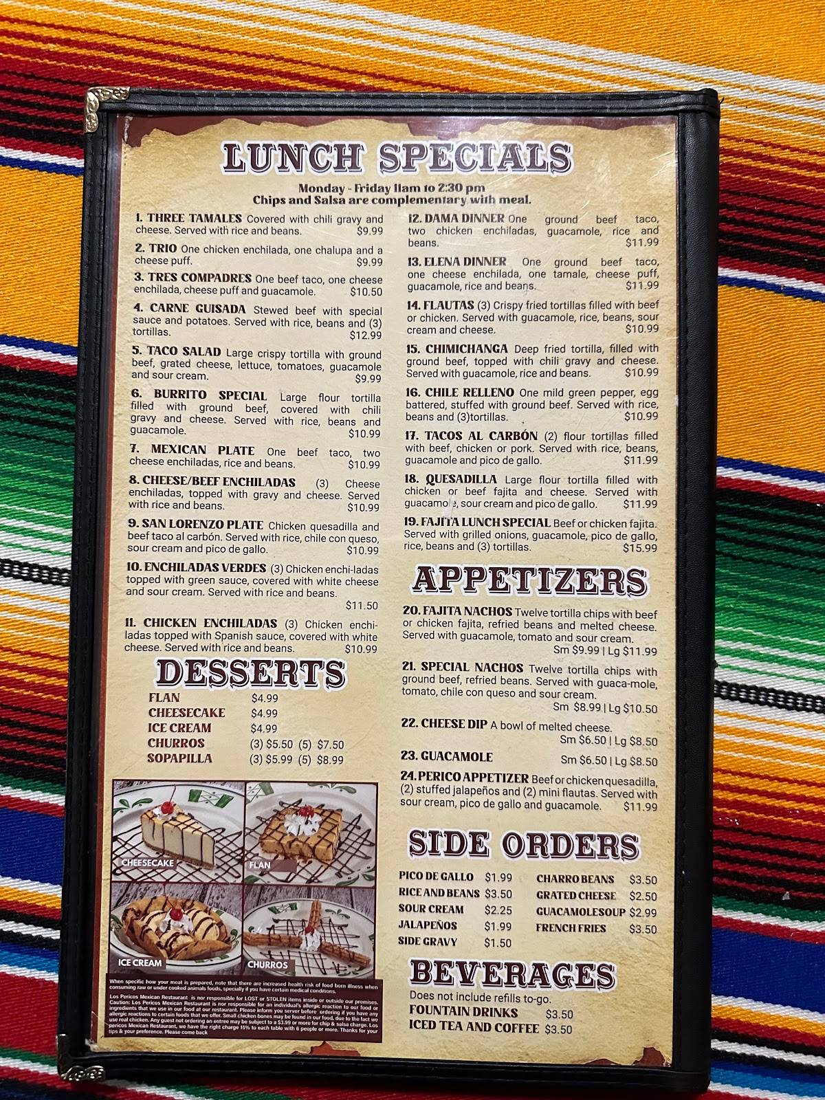 Menu at Los Pericos restaurant, Huntsville
