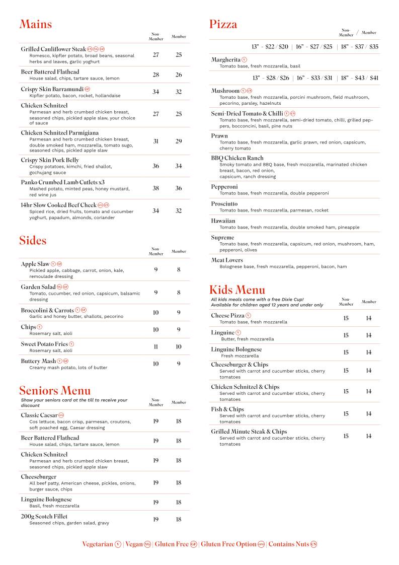 Menu at Huon Hill restaurant, Wodonga