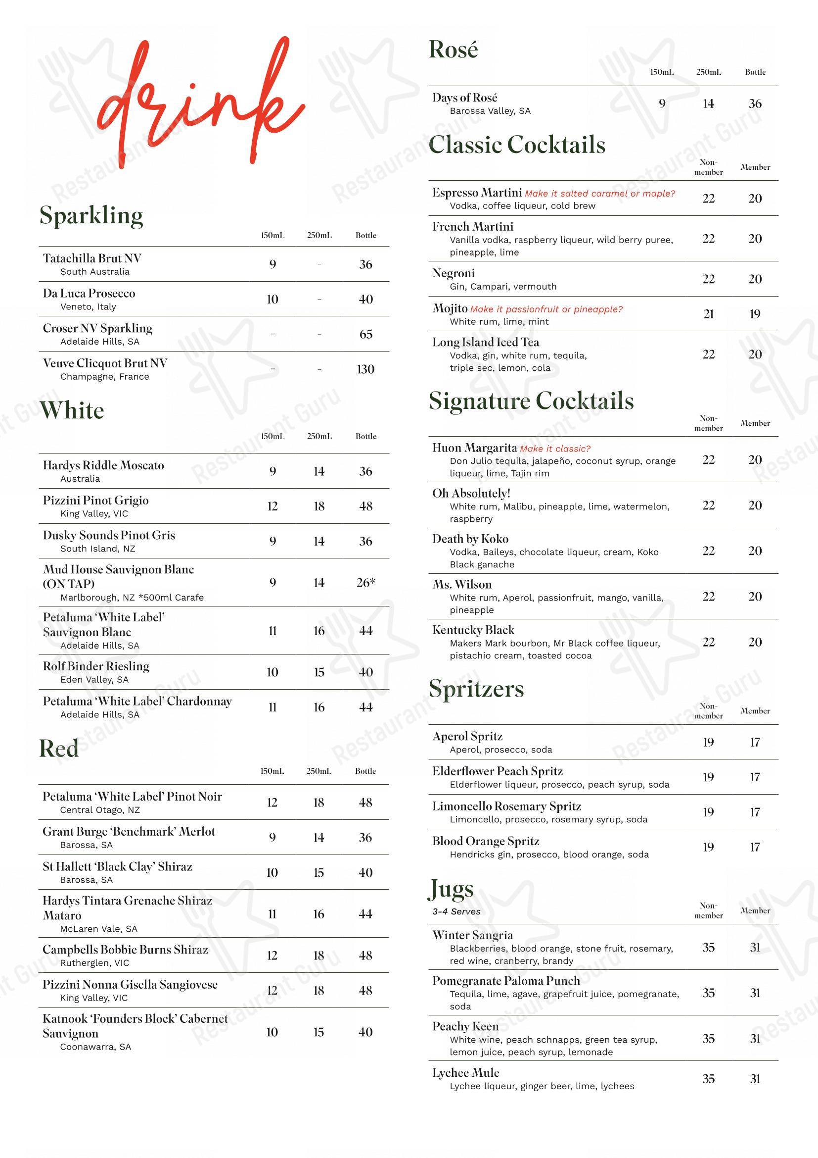 Menu at Huon Hill restaurant, Wodonga
