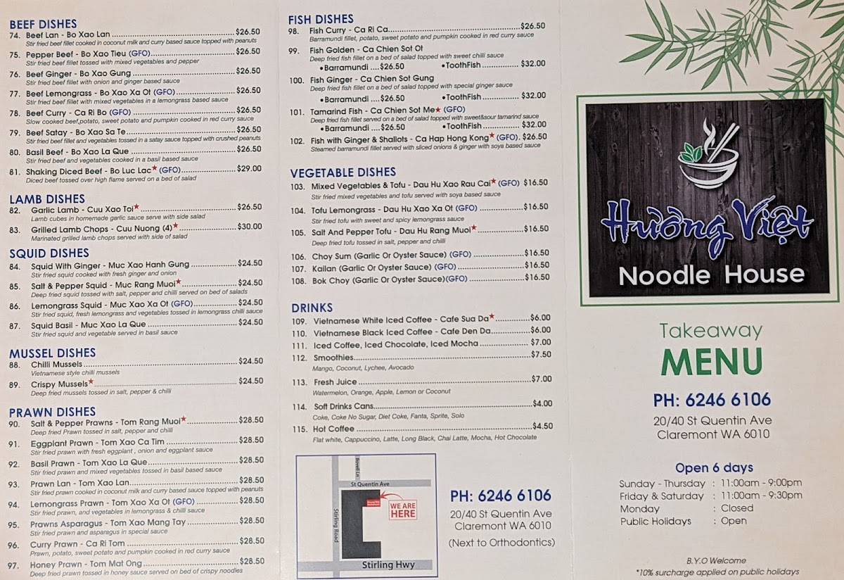 Menu at Huong Viet Noodle House restaurant, Claremont