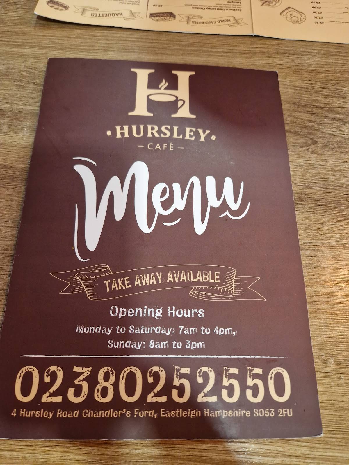 Menu at Hursley Cafe, Eastleigh