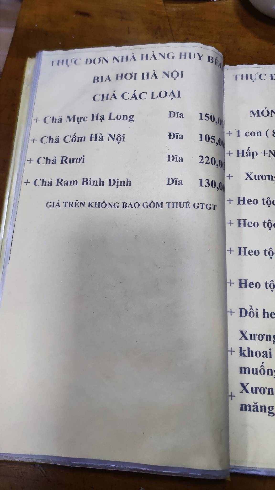 Carta del restaurante Huy béo - Bia Hơi Hà Nội, Ciudad Ho Chi Minh (Saigón)