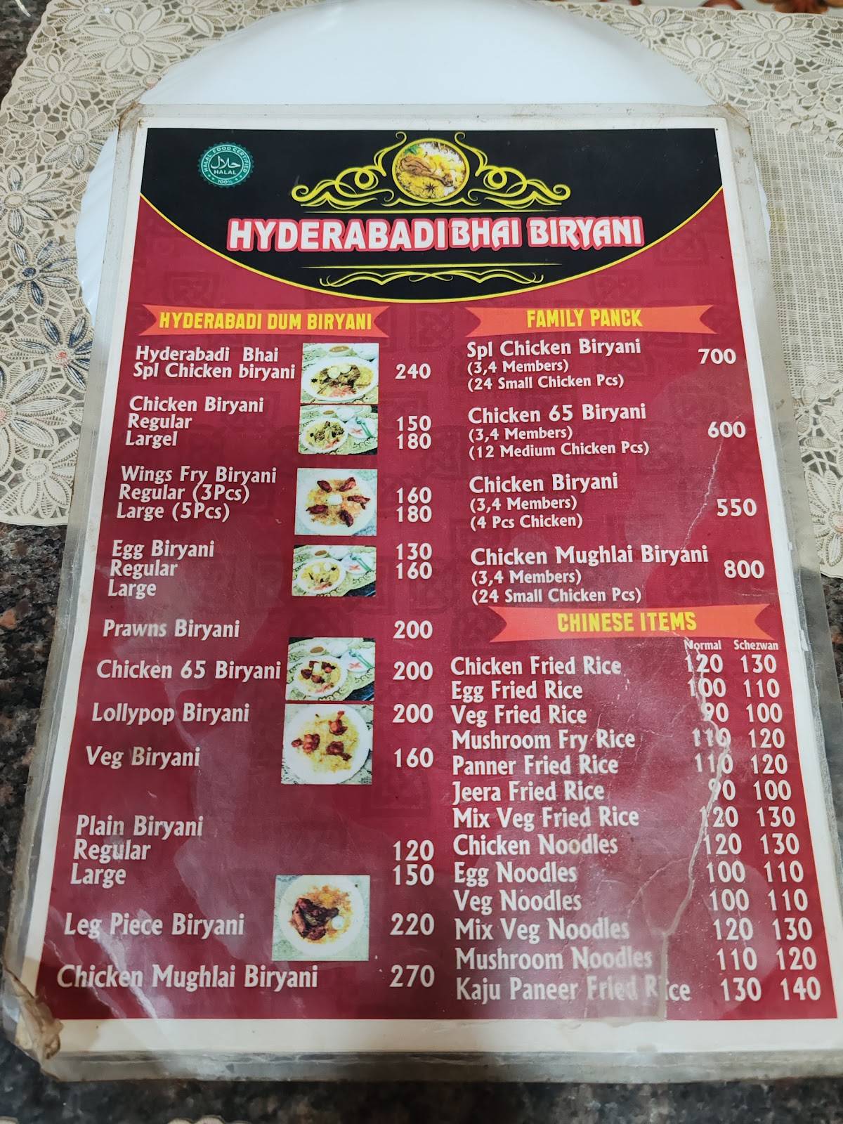 Menu at Hyderabadi bhai biriyani, Navallur