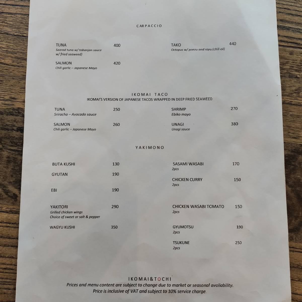 Menu at IKOMAI TOCHI restaurant, Makati