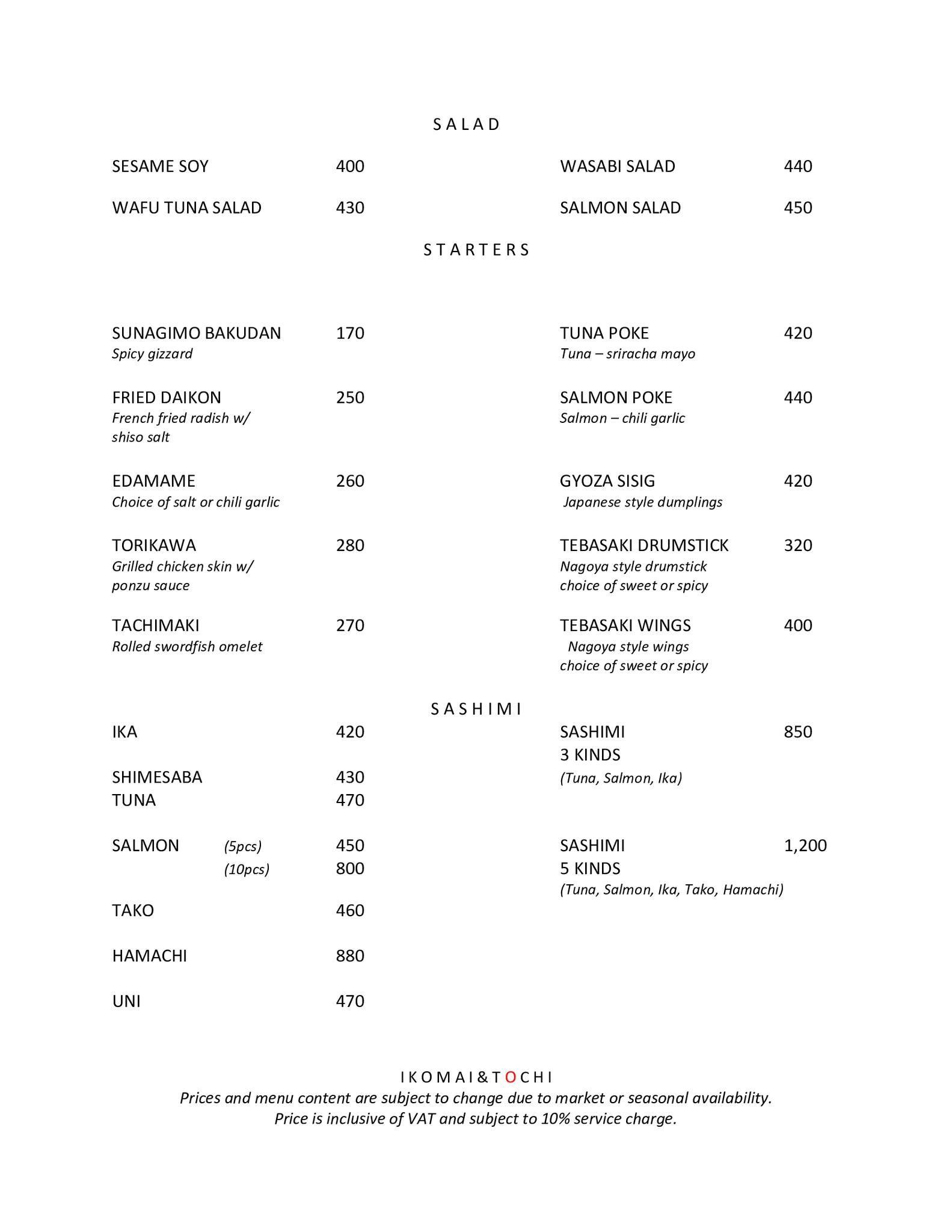 Menu at IKOMAI TOCHI restaurant, Makati