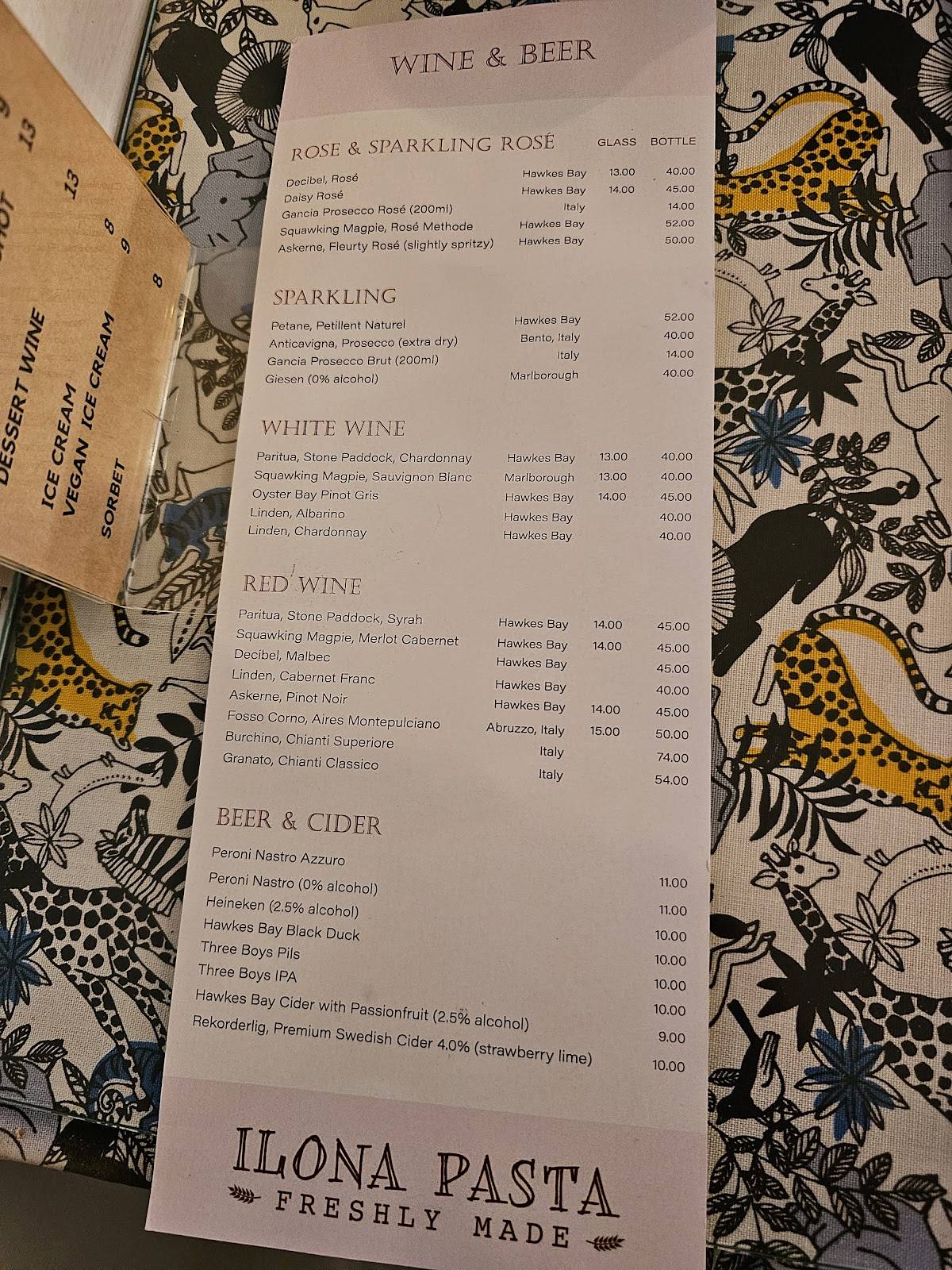 Menu at ILONA pasta restaurant, Napier