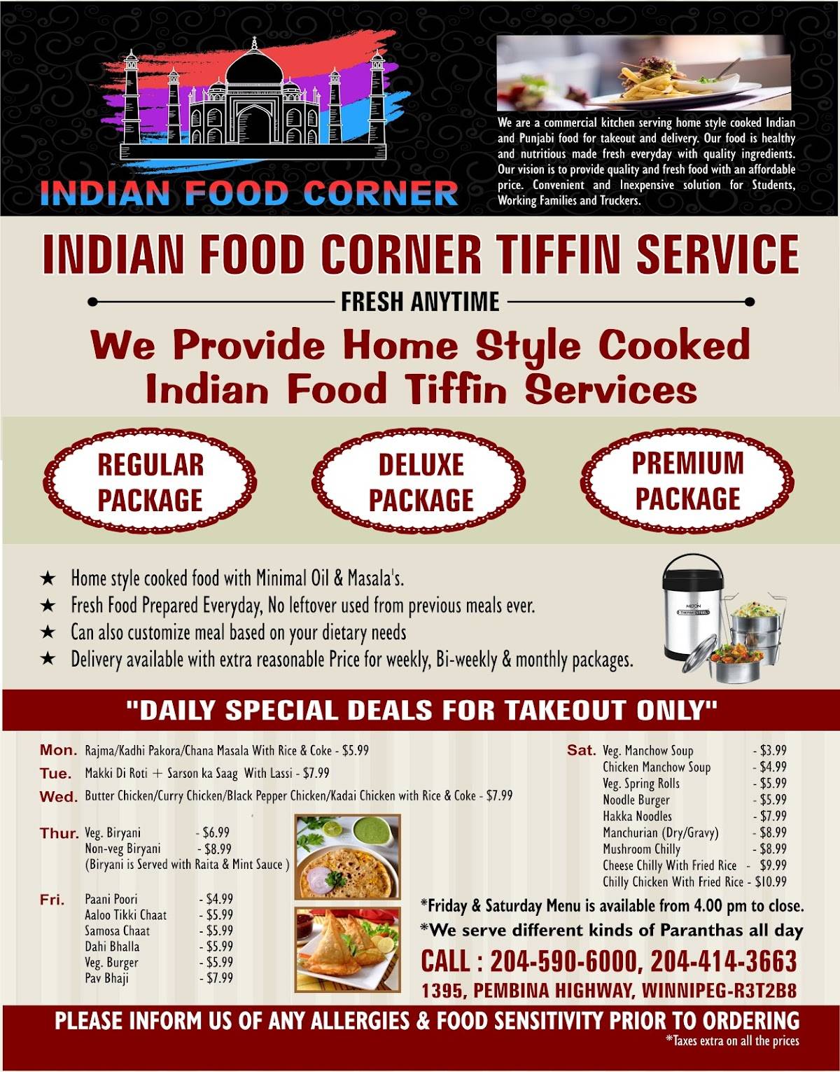 Menu at Indian Food Corner restaurant, Winnipeg