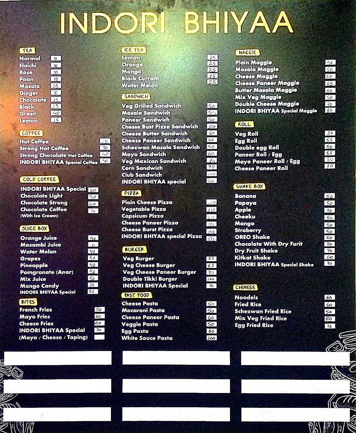 Menu at INDORI BHIYAA, Indore