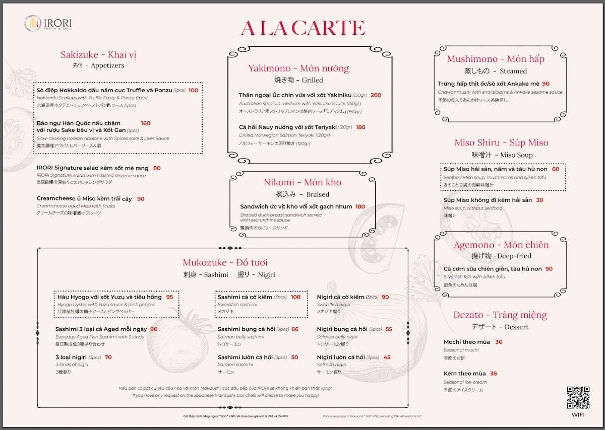 Menu at IRORI - Fusion & Grill restaurant, Ho Chi Minh City