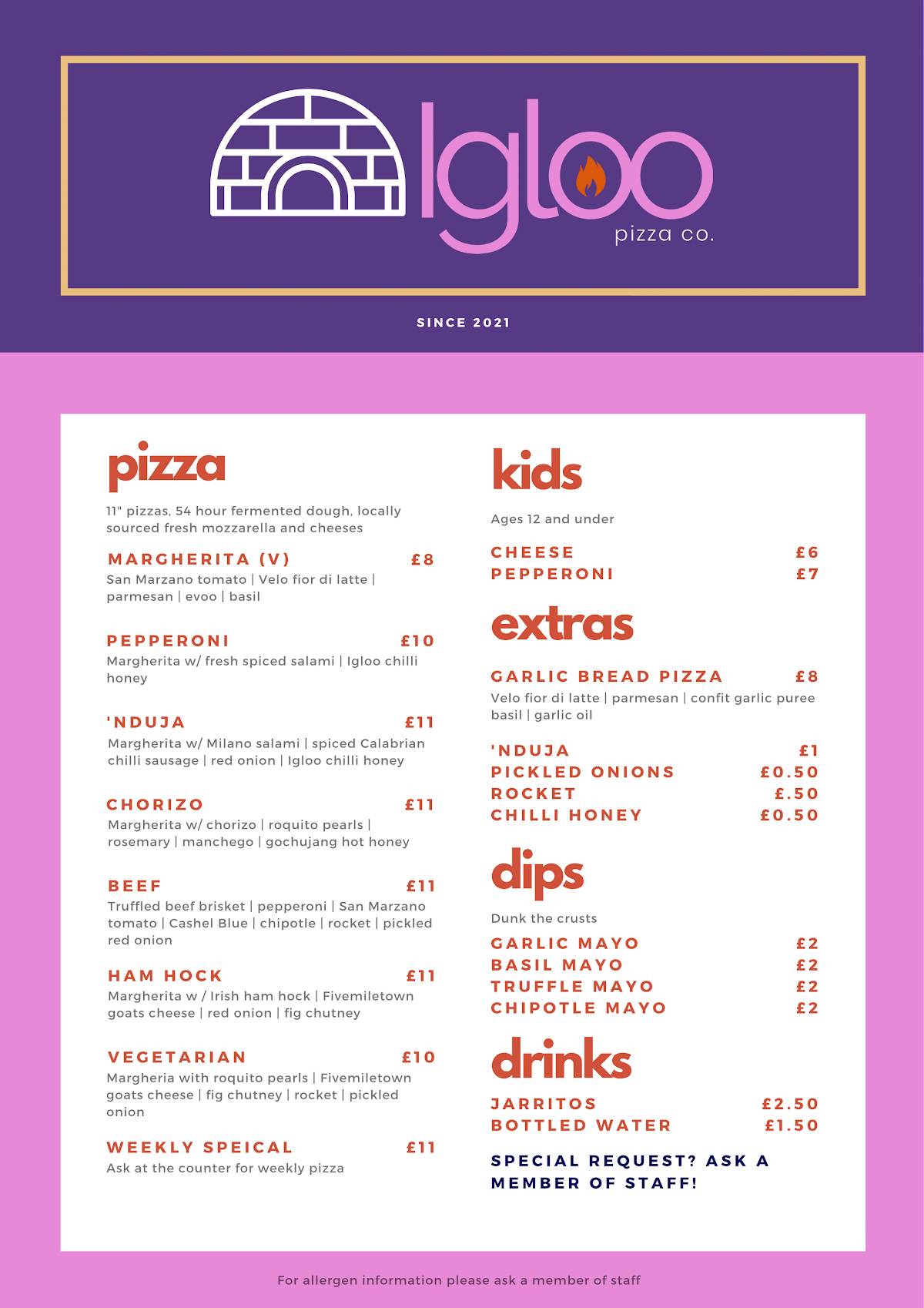 Carta de pizzería Igloo Pizza Co., Portrush
