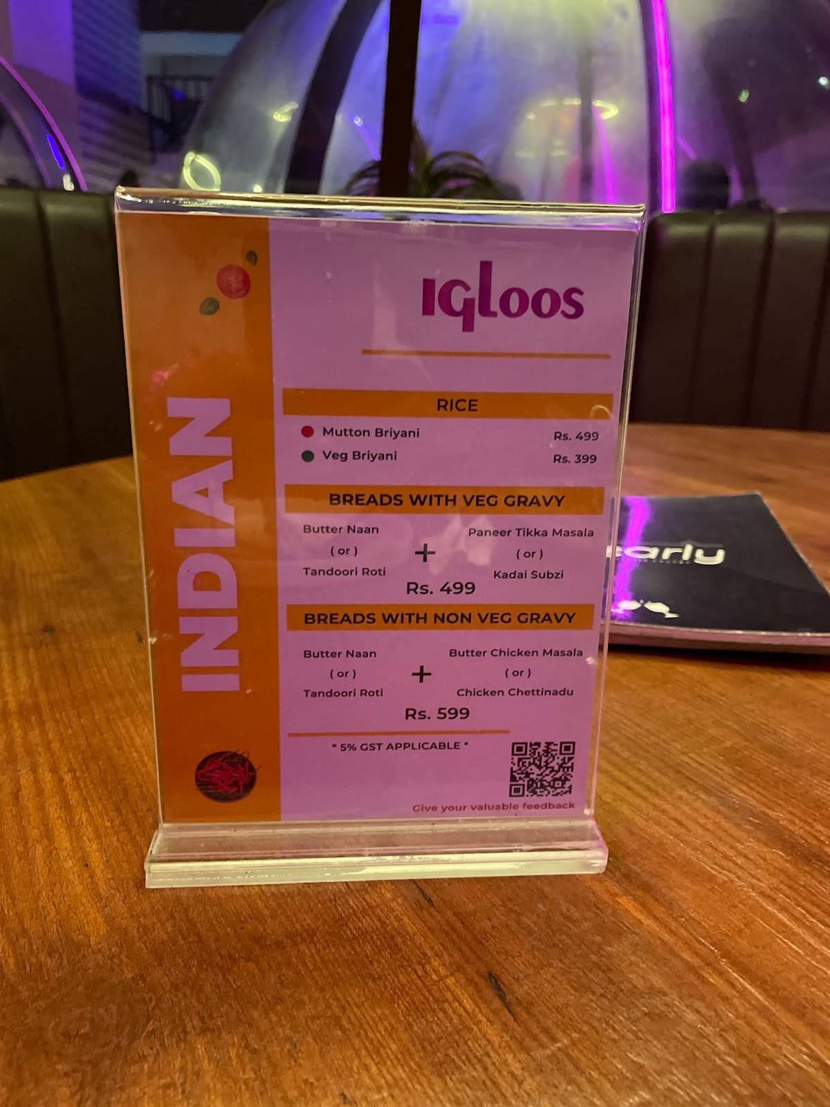 Menu at Igloos rooftop restaurant, Chennai