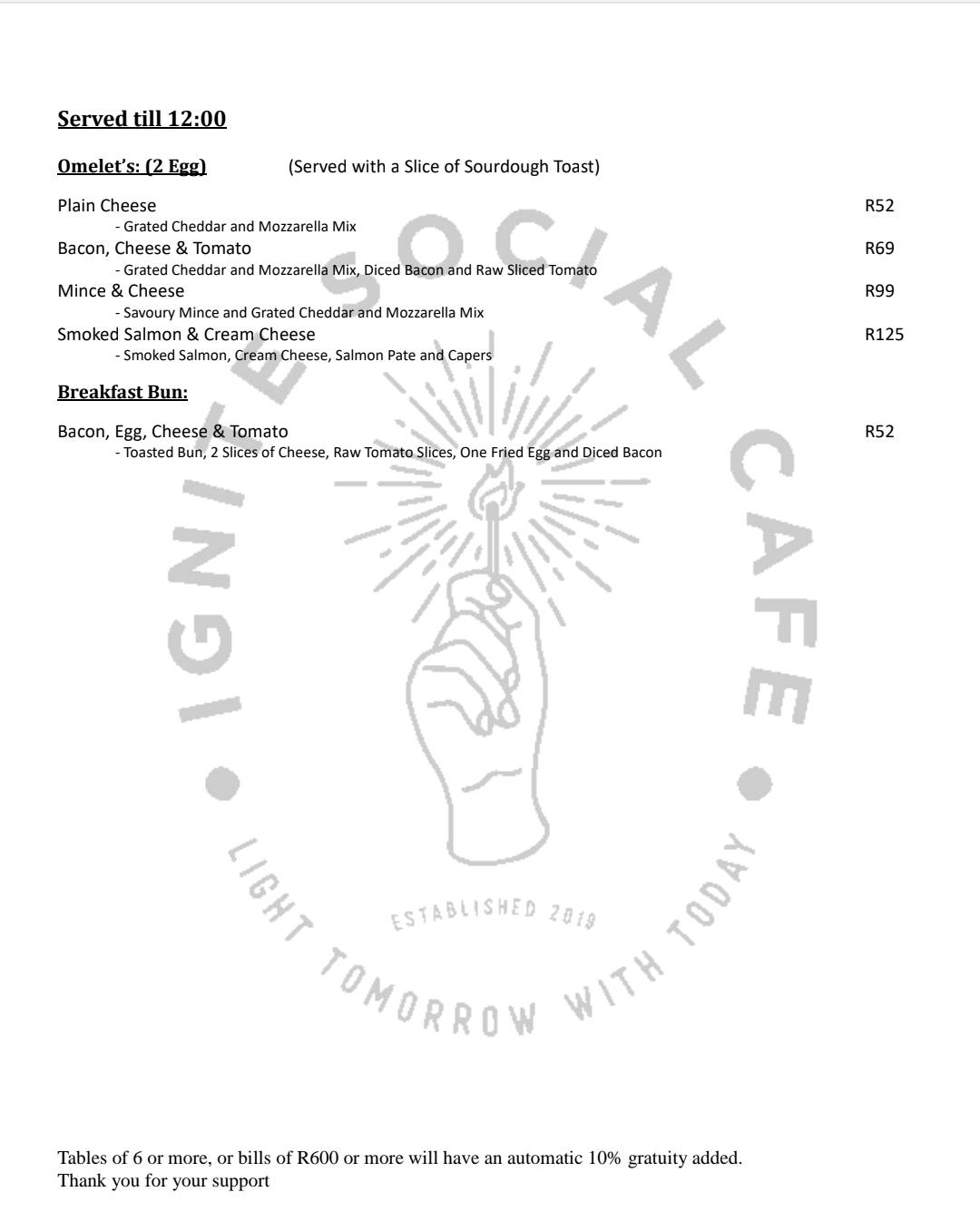 Menu at Ignite Social Cafe, East London
