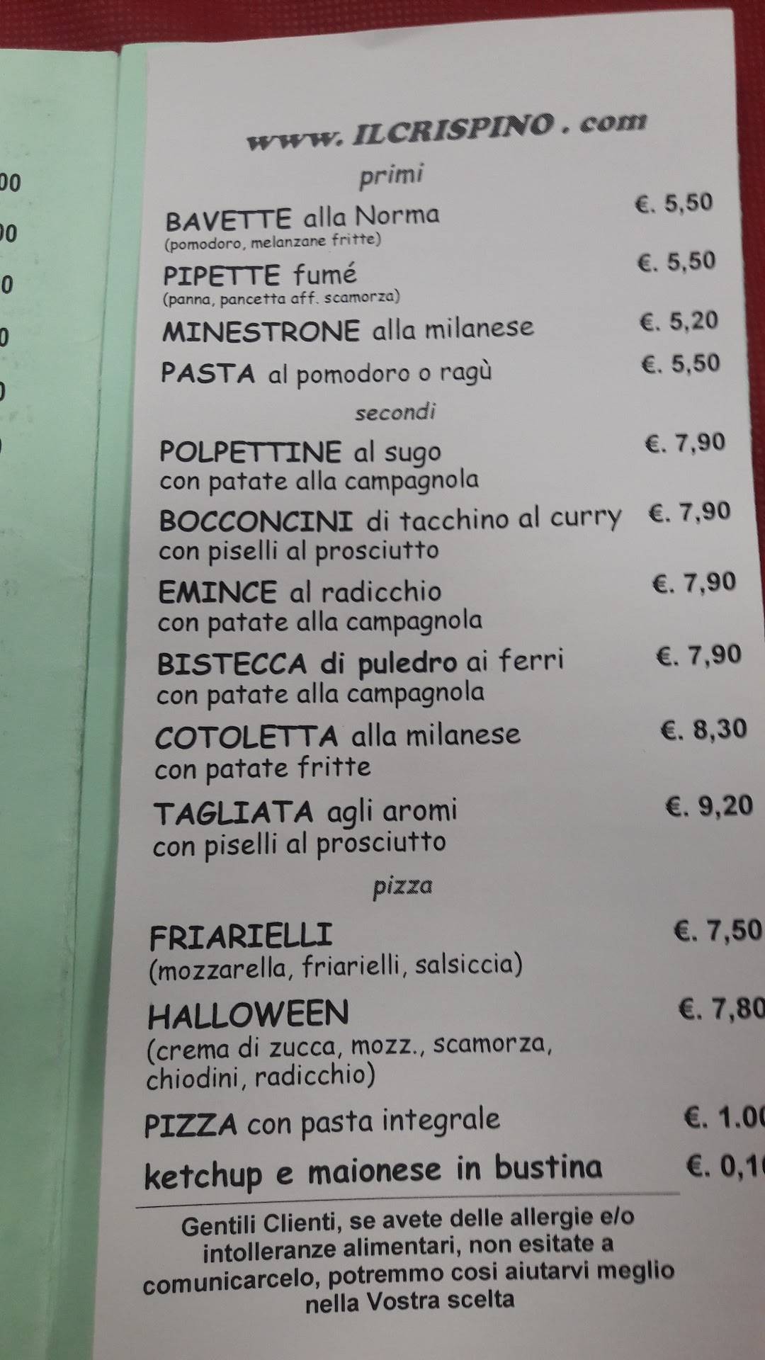 Menu da Il Crispino ristorante, Padova