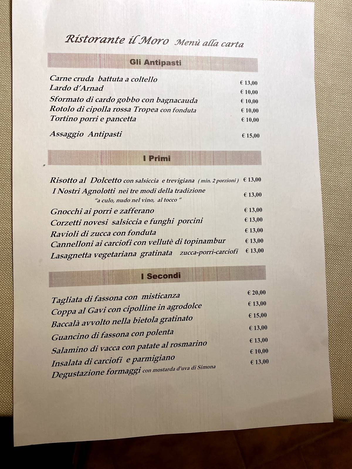 Menu da Il Moro ristorante, Capriata d'Orba, Piazza Garibaldi