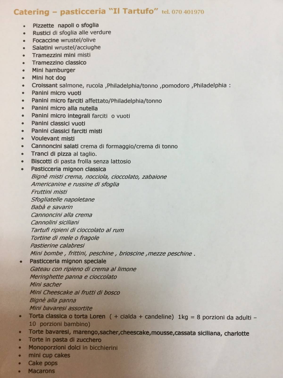 Menu da Il Tartufo pasticceria, Cagliari