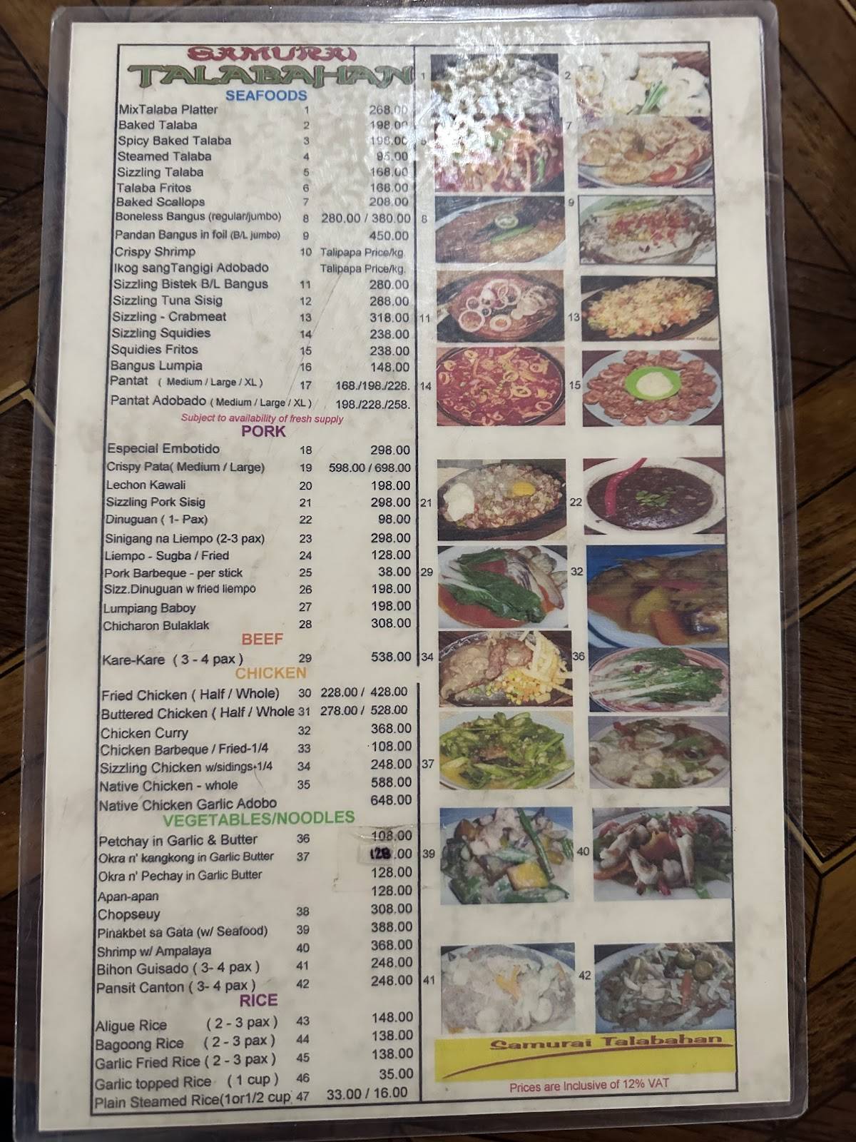 Menu at Samurai Talabahan restaurant, Iloilo City