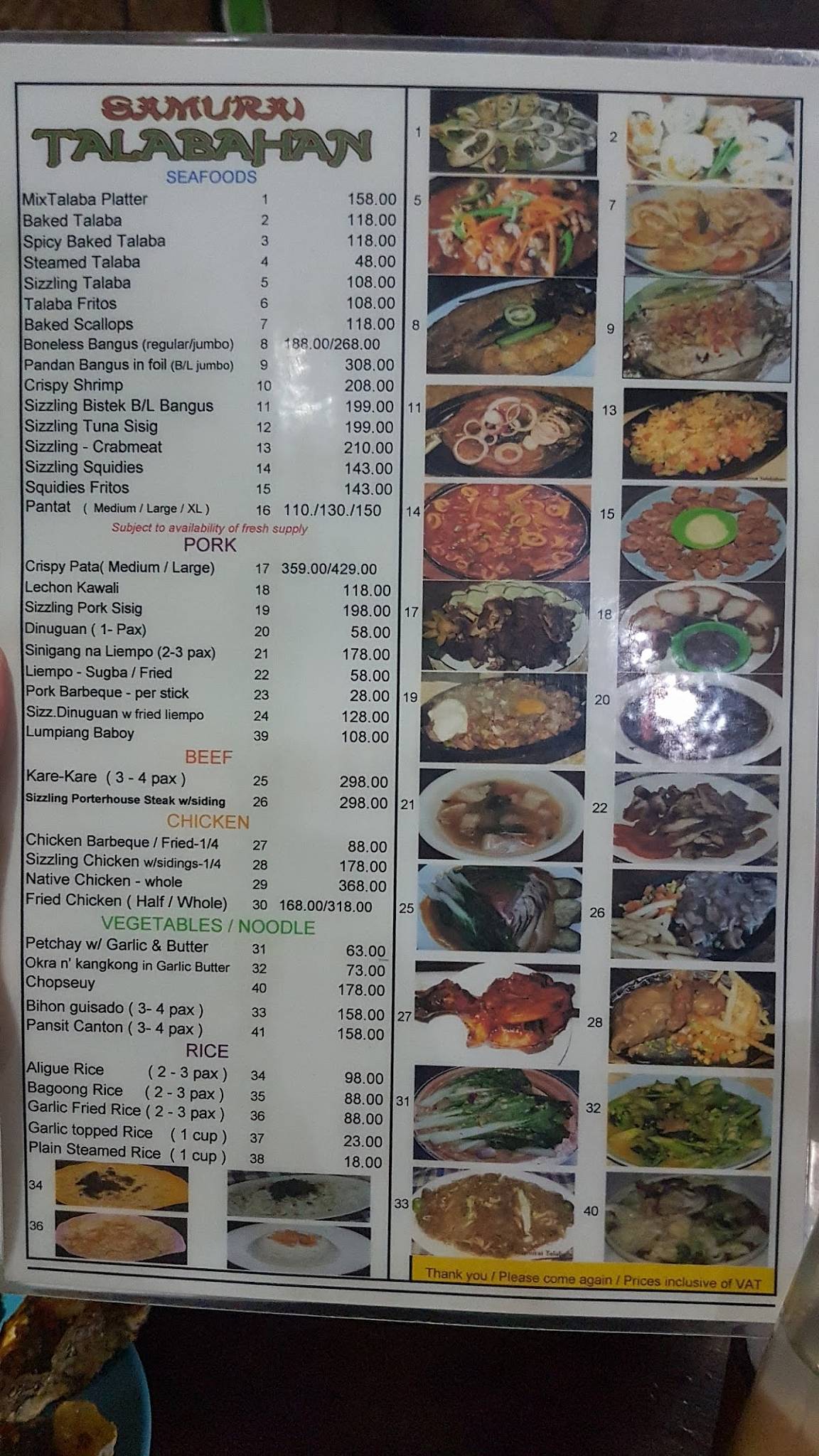 Menu at Samurai Talabahan restaurant, Iloilo City