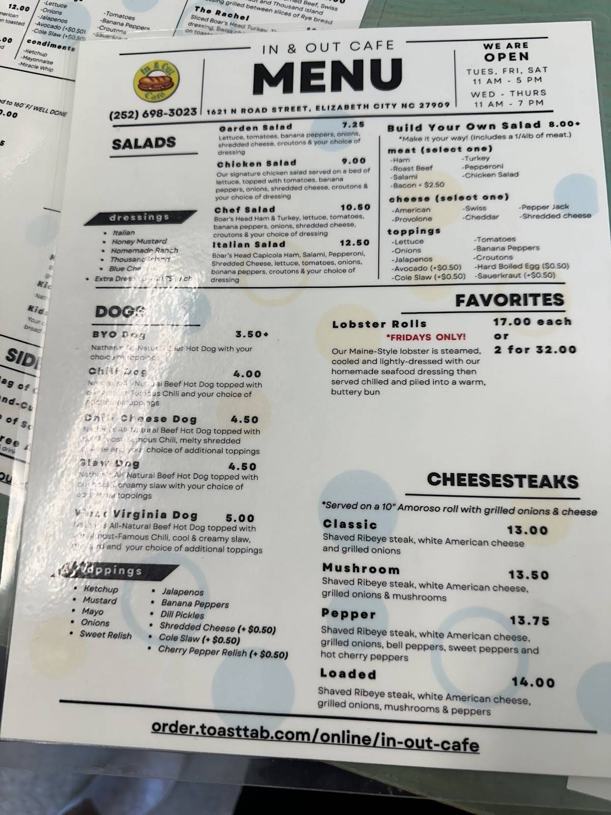 Carta de In & Out Cafe, Elizabeth City