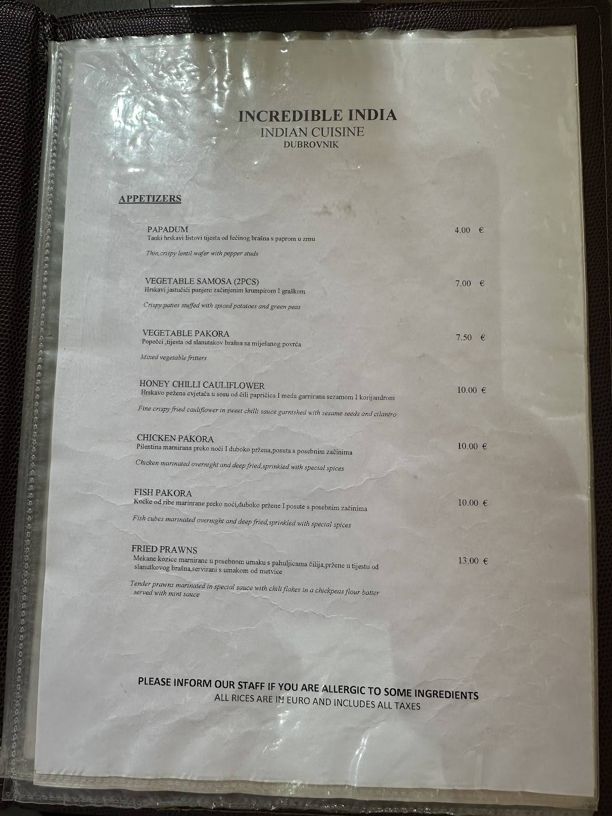 Menu at Incredible India Dubrovnik restaurant, Dubrovnik