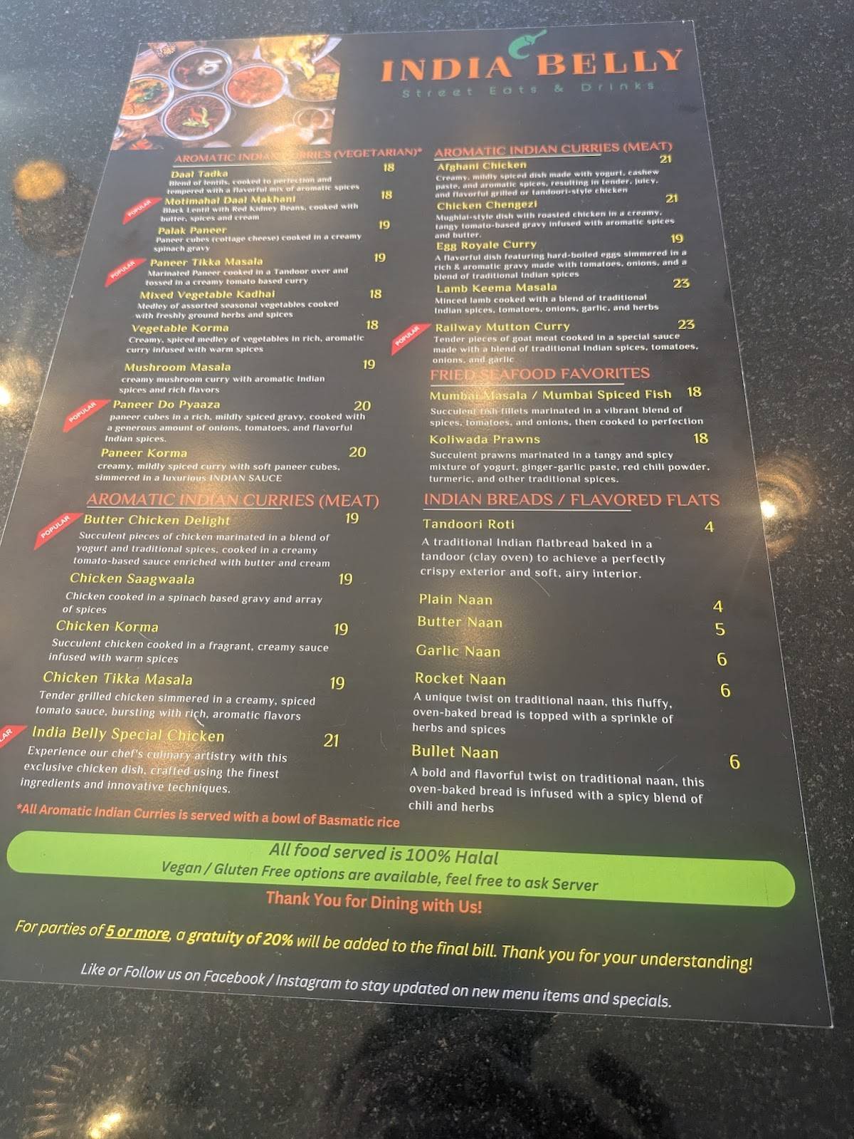 Menu at India Belly restaurant, Snoqualmie